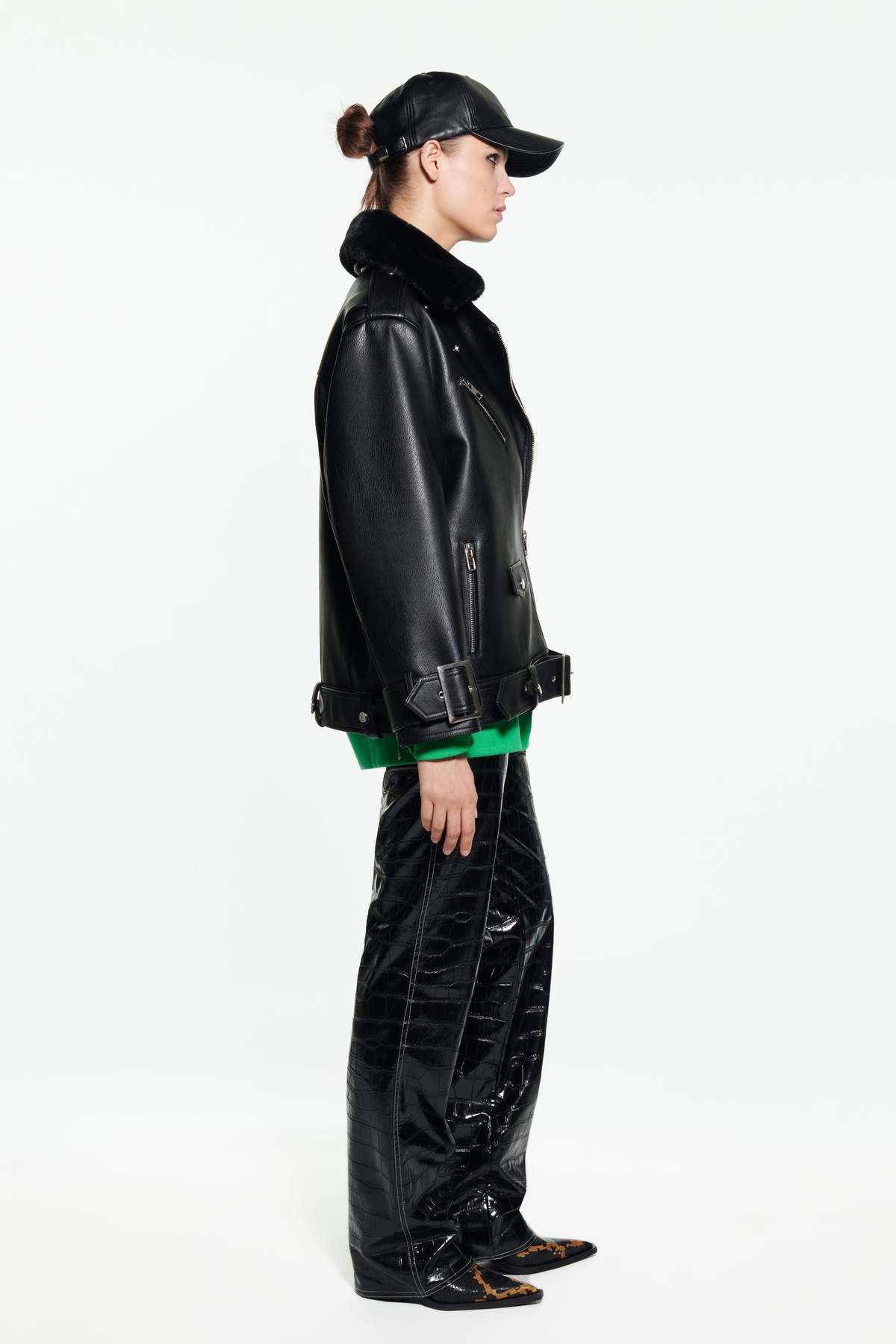 Stand Jade Faux Leather Rich Grain Biker Jacket - Black | Garmentory