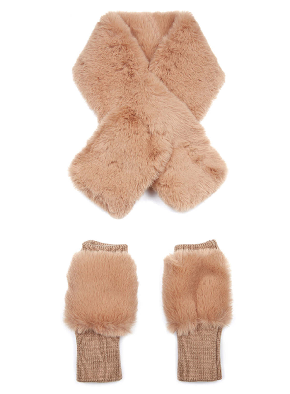 Jocelyn Faux Fur Pull Through Scarf & Texty Time Mitten Set - Camel ...