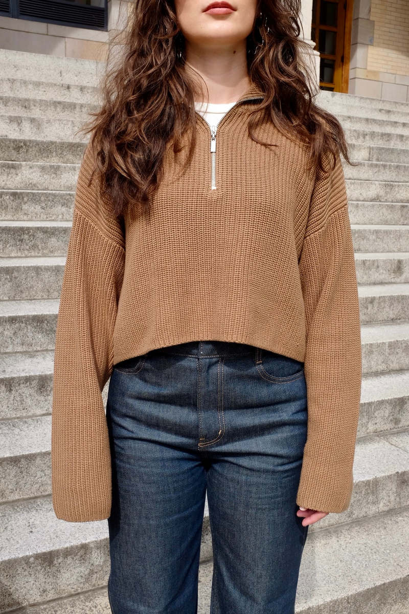 Oval Square Ermine Want Half Zip Knit Sweater - Brown | Garmentory