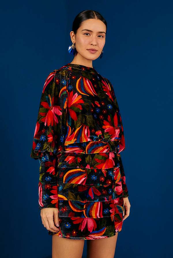 Farm Rio BANANA SKY VELVET DRESS - BLACK | Garmentory