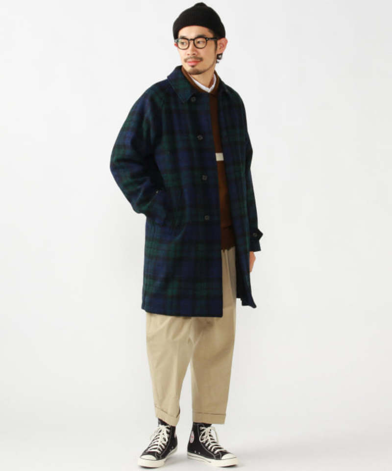 Beams Plus Bal Collar Coat Harris Tweed - BLACK WATCH | Garmentory