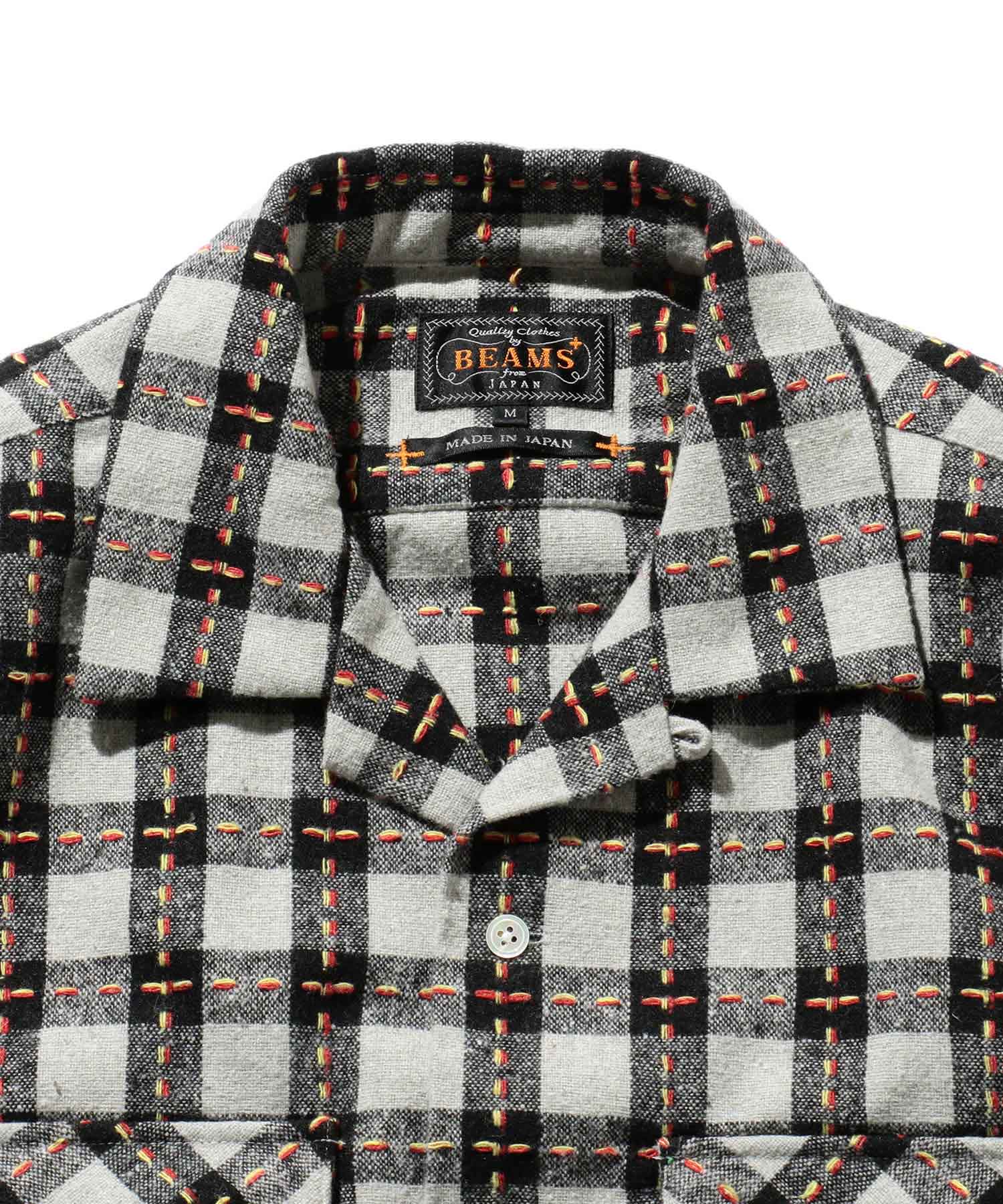Beams Plus Open Collar Shirt - Block Check Sashiko Grey | Garmentory