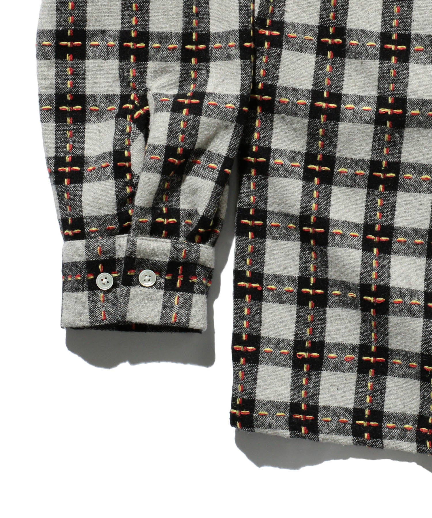 Beams Plus Open Collar Shirt - Block Check Sashiko Grey | Garmentory