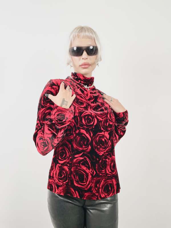 Dries van Noten Chiala Velvet Mock Neck Top - Rose Print | Garmentory