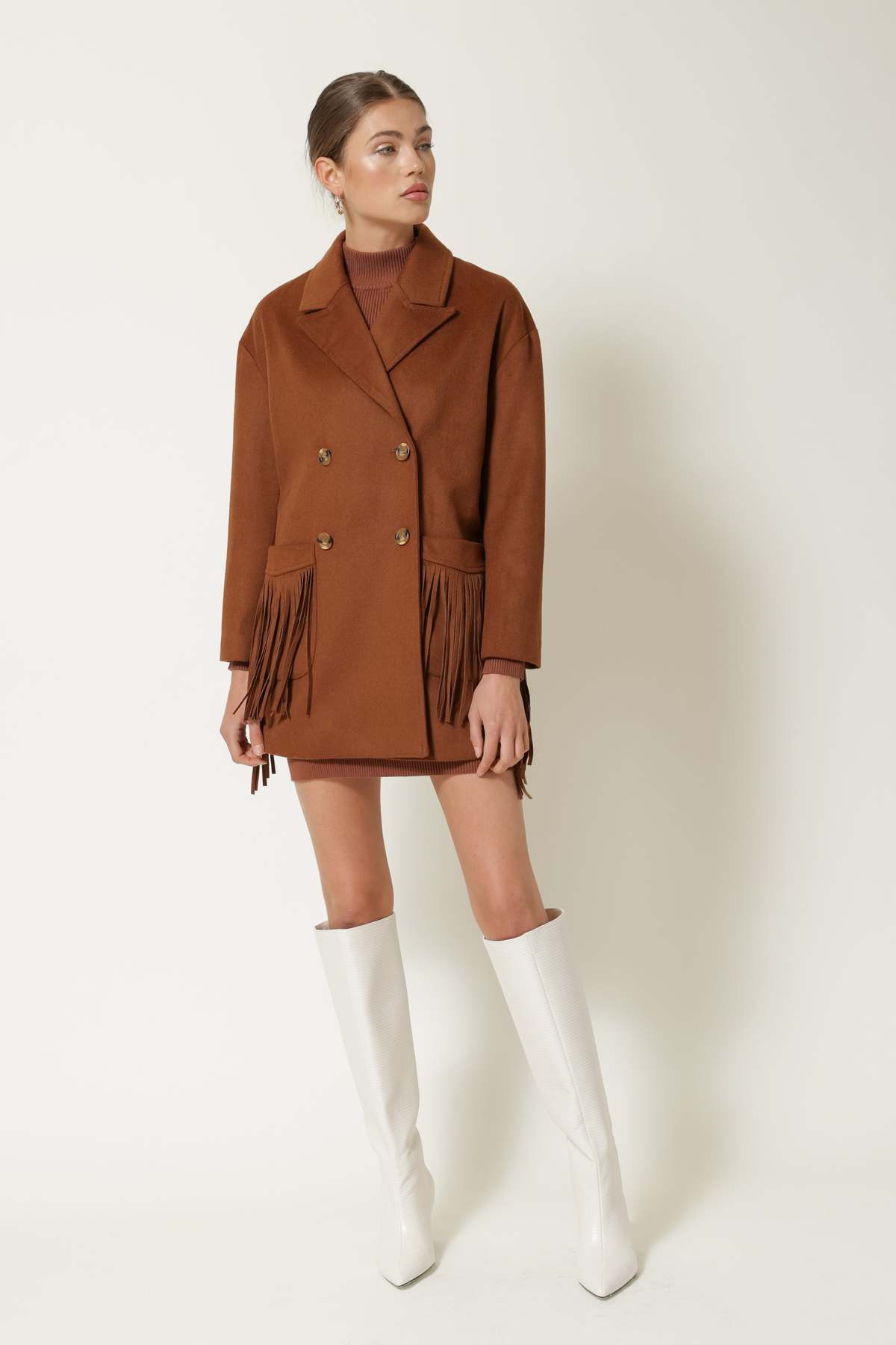Line & Dot Jenny Double Breasted Fringe Jacket - Caramel | Garmentory