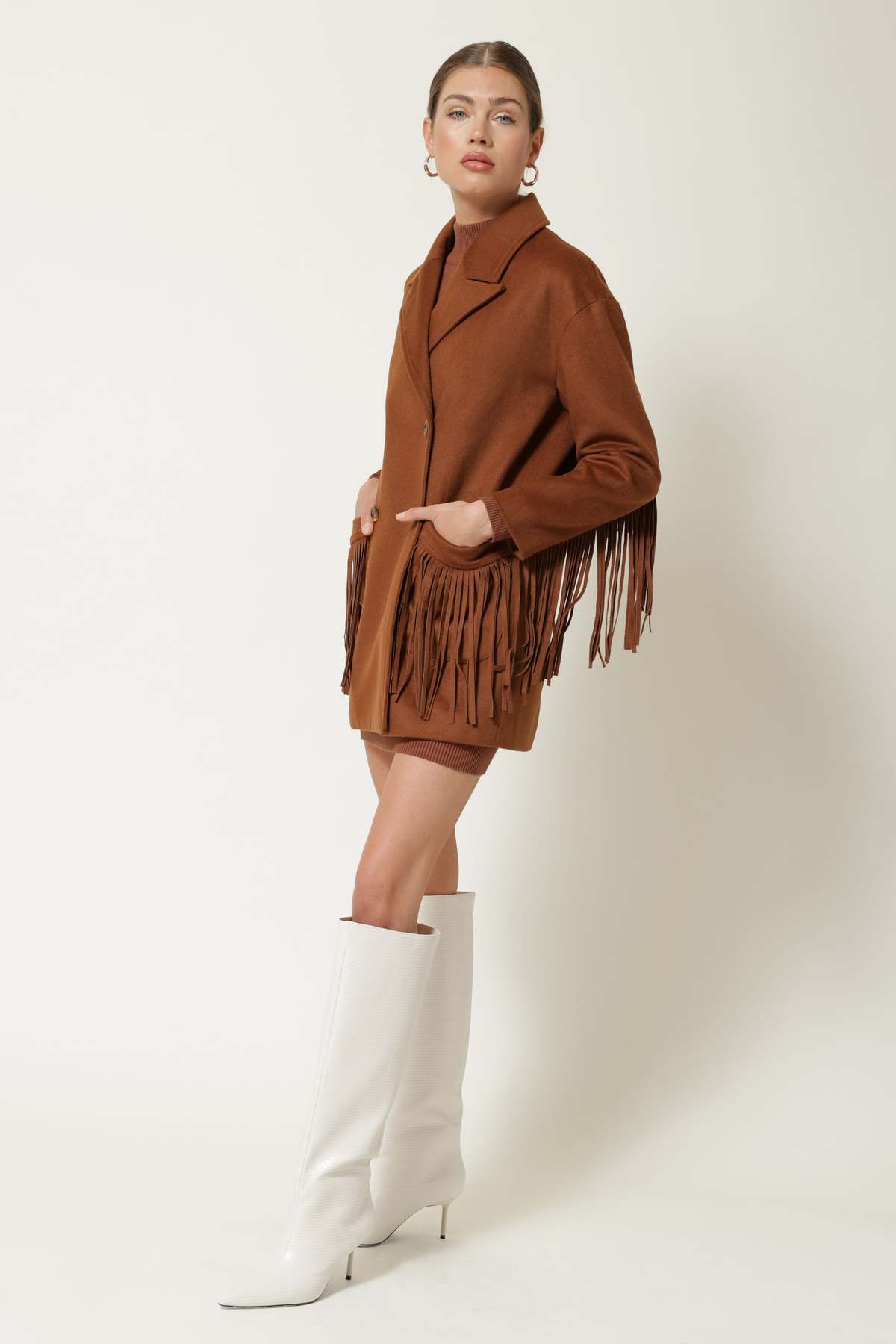 Line & Dot Jenny Double Breasted Fringe Jacket - Caramel | Garmentory