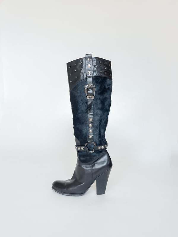 Leather Pony Fur Studded Boot - Black | Garmentory