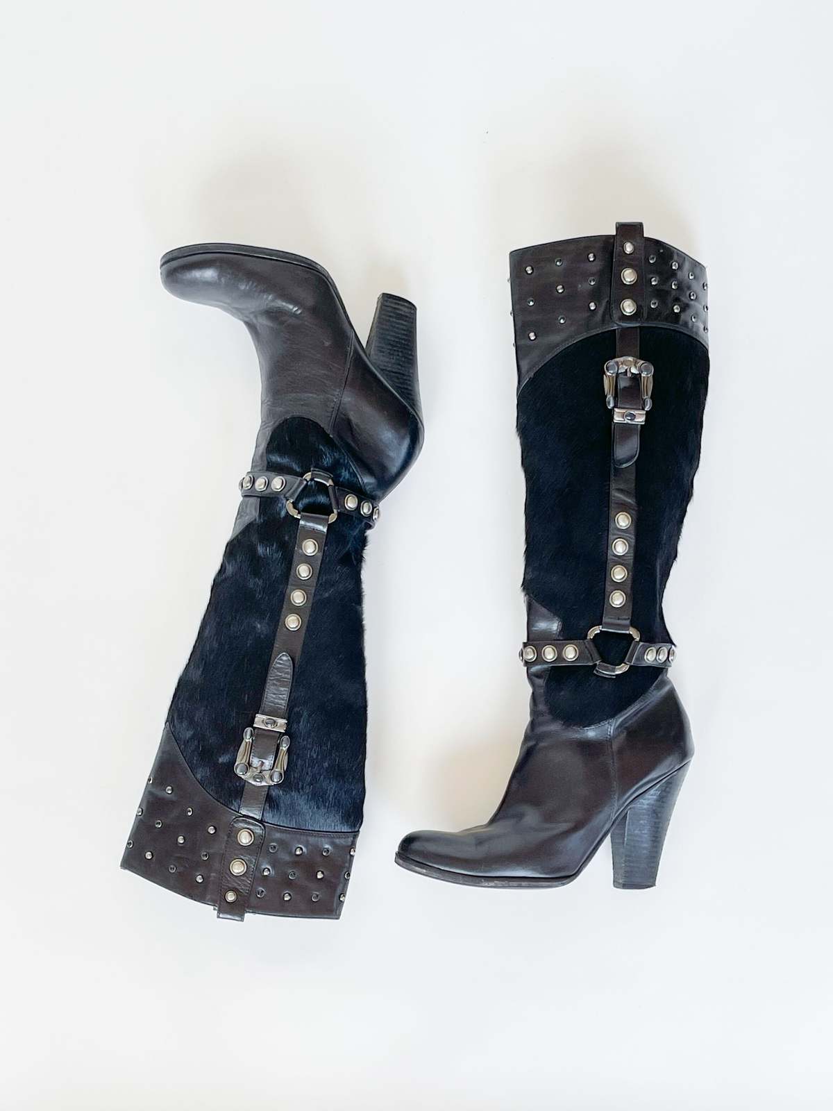 Leather Pony Fur Studded Boot - Black | Garmentory