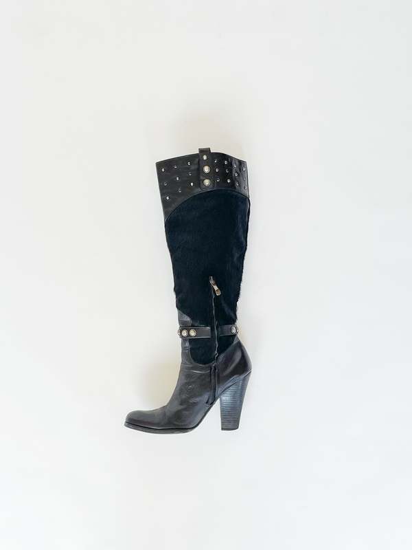 Leather Pony Fur Studded Boot - Black | Garmentory