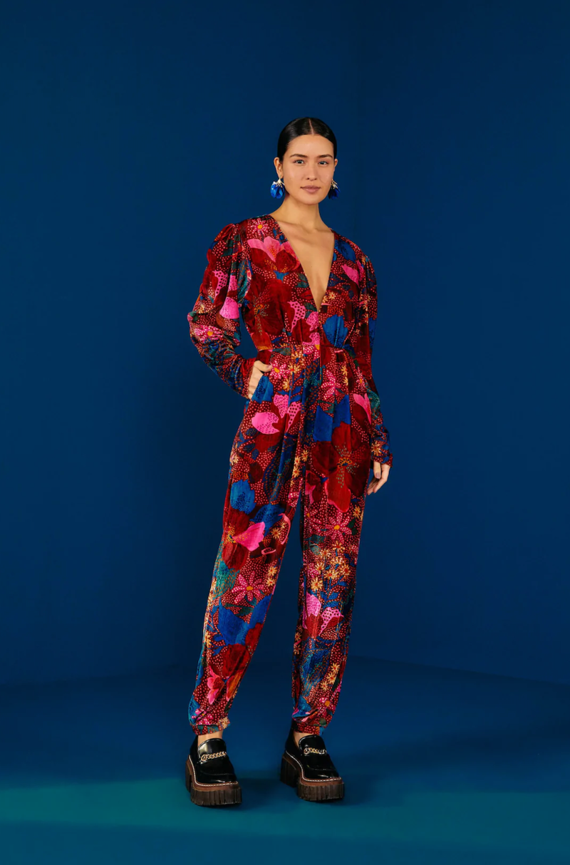 Farm Rio Velvet Snake Jumpsuit - Garden Red | Garmentory