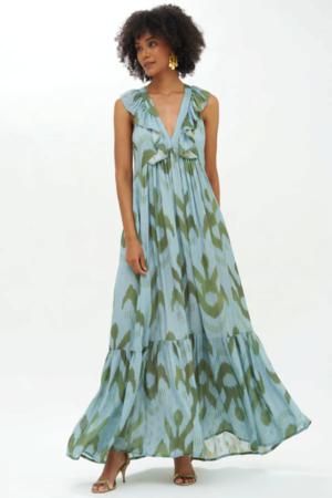 Oliphant Ruffle V-Neck Maxi - Chitka Blue/Green | Garmentory