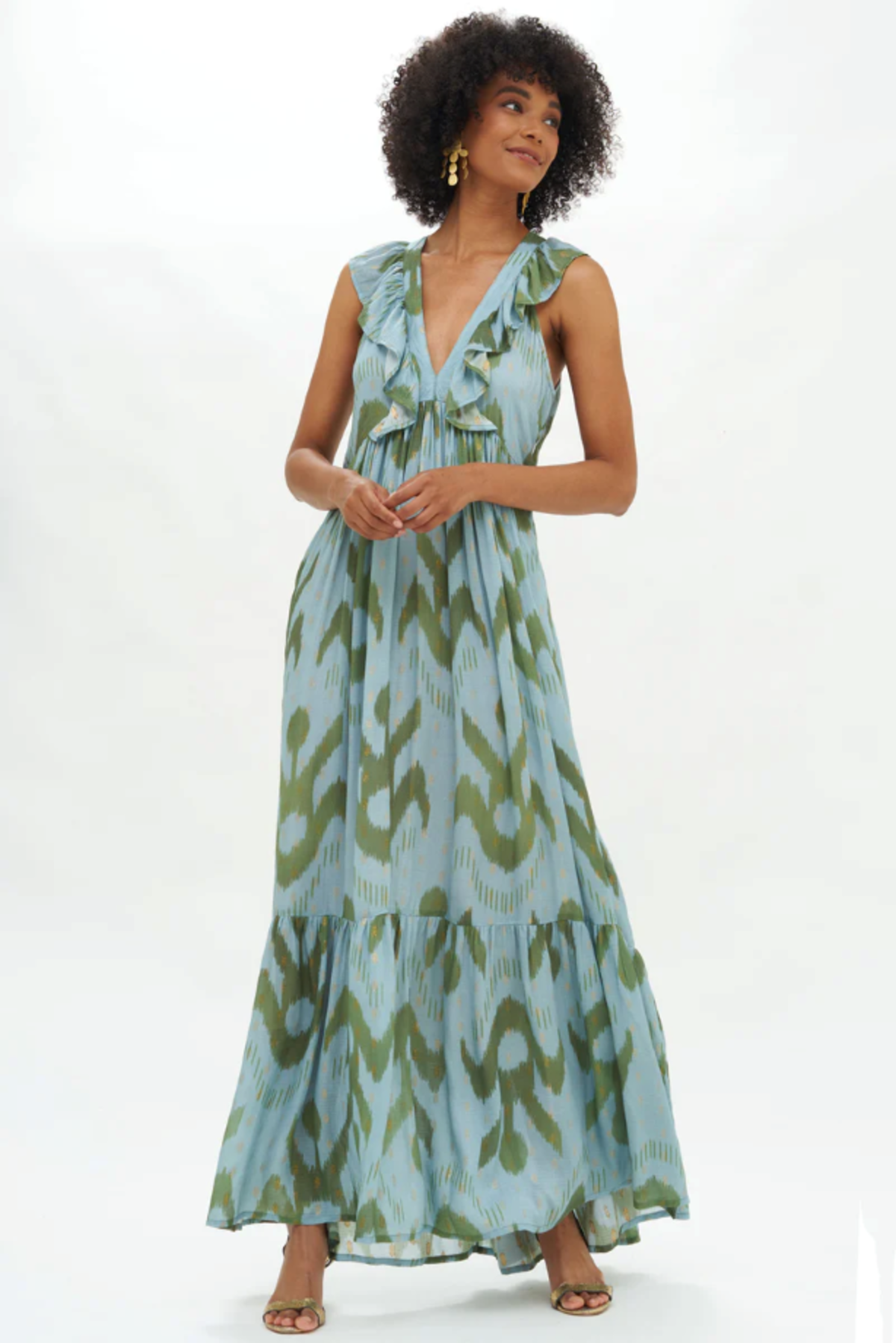 Oliphant Ruffle V-Neck Maxi - Chitka Blue/Green | Garmentory