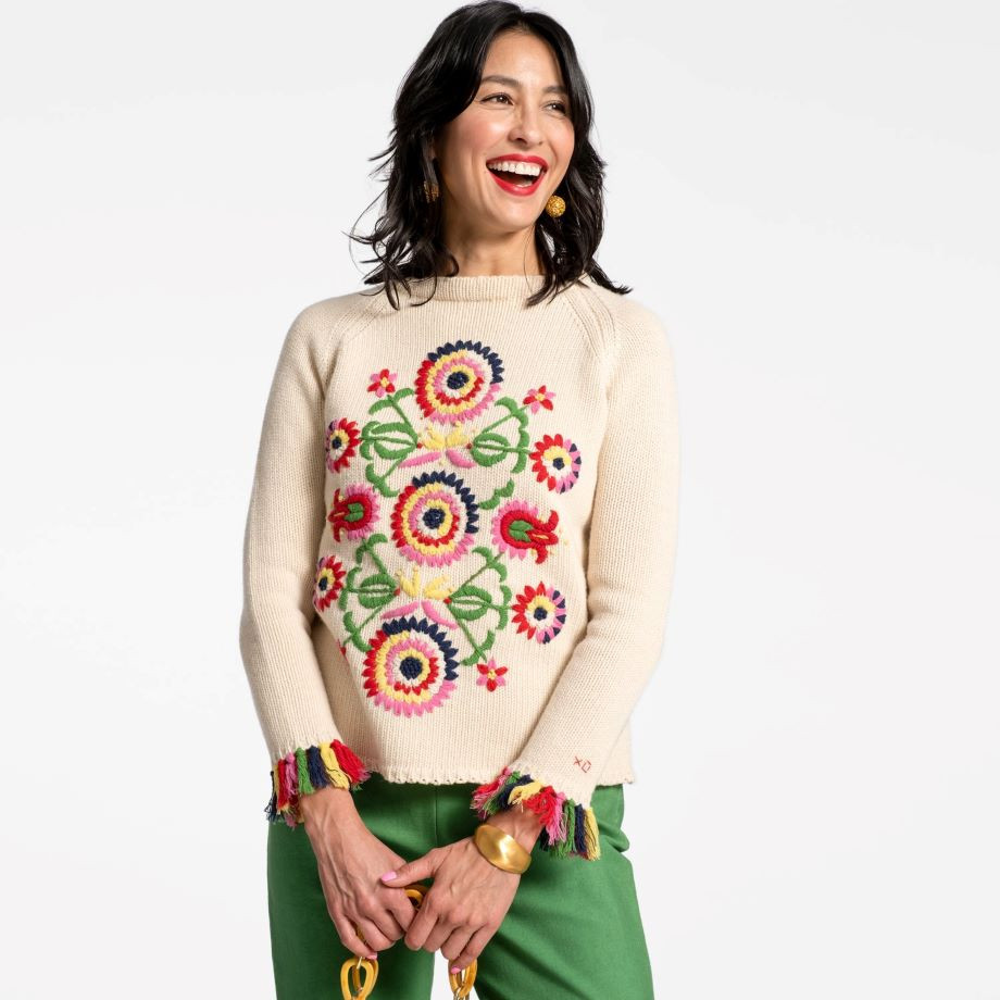 Frances Valentine Wool Fringe Crewneck - Barberton Daisy | Garmentory