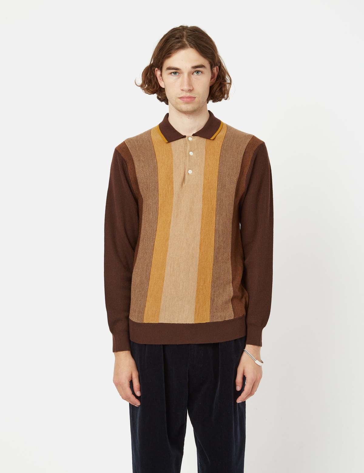 Beams Plus Knit Stripe Polo - Brown | Garmentory