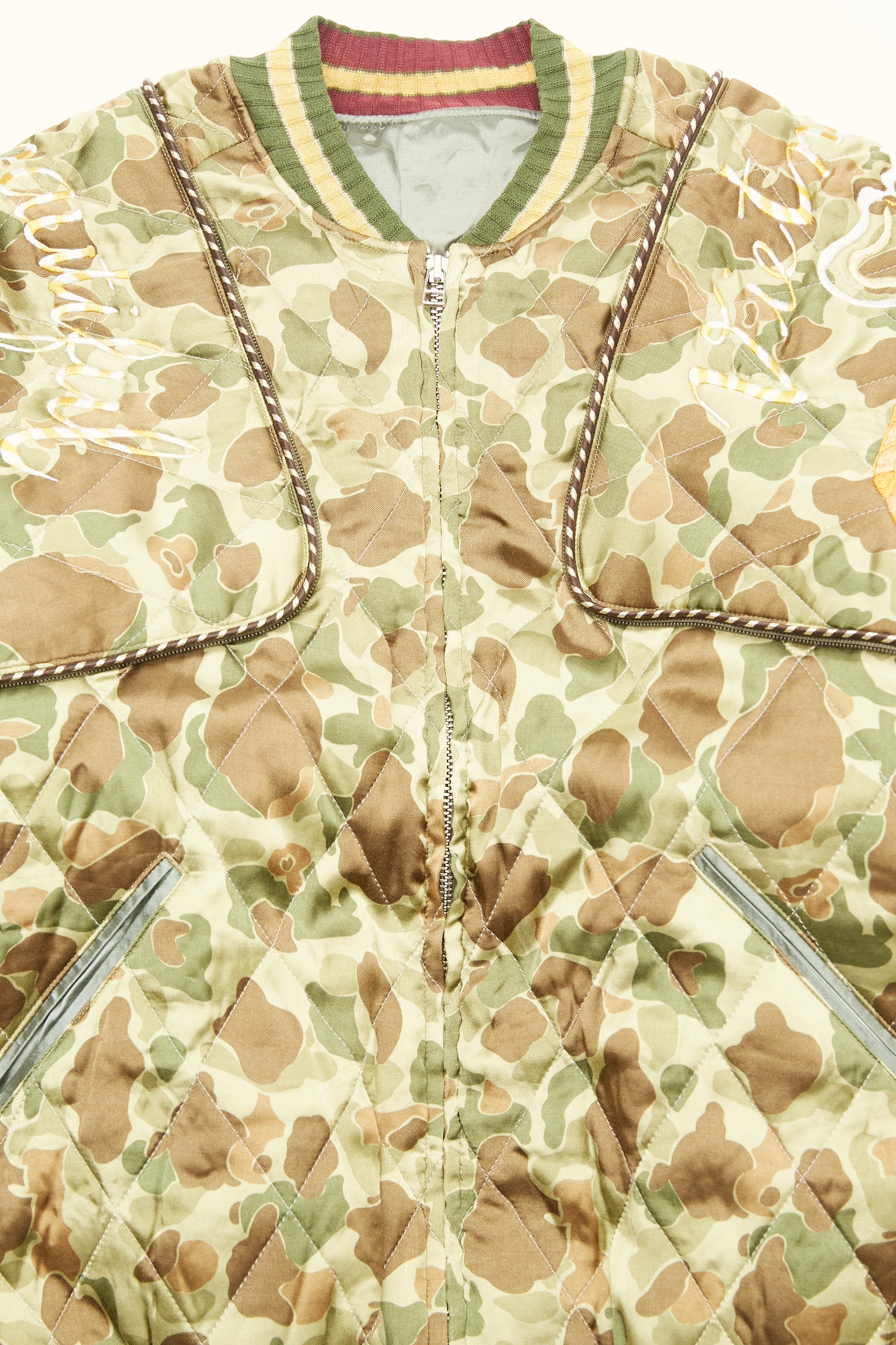 Kapital Rayon Satin Quilting Camo Sham Bomber Jacket - Khaki | Garmentory
