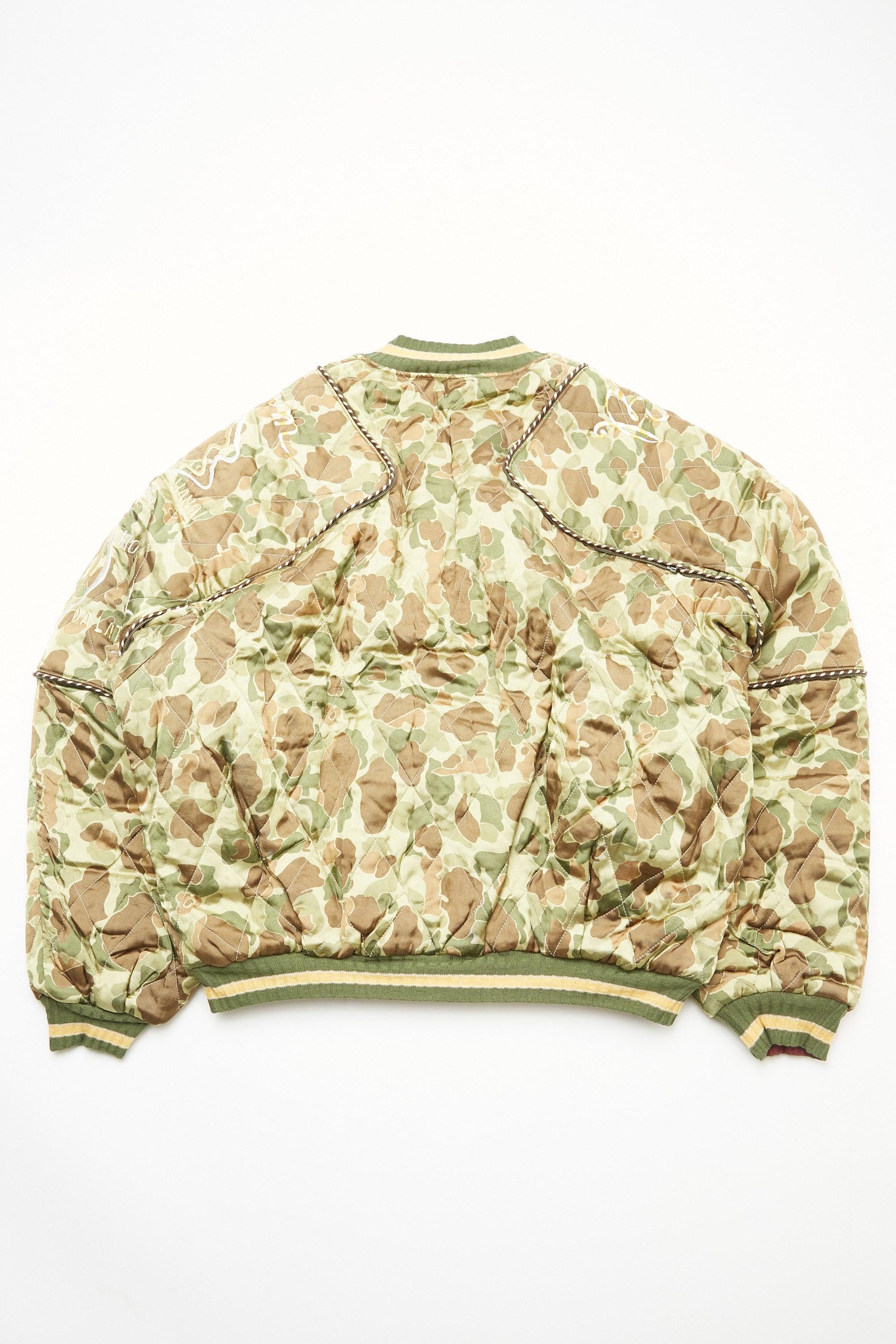 Kapital Rayon Satin Quilting Camo Sham Bomber Jacket - Khaki | Garmentory