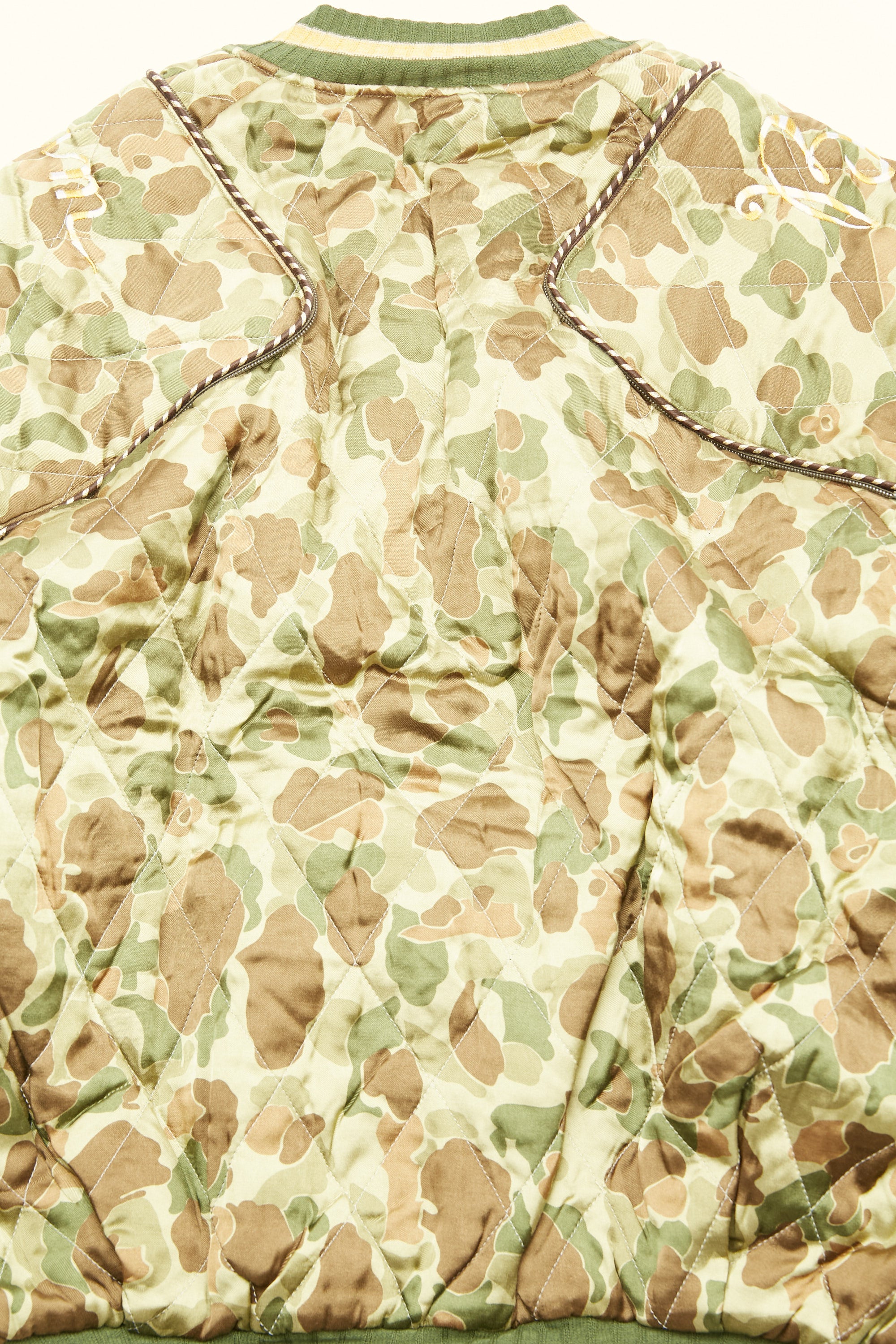 Kapital Rayon Satin Quilting Camo Sham Bomber Jacket - Khaki | Garmentory