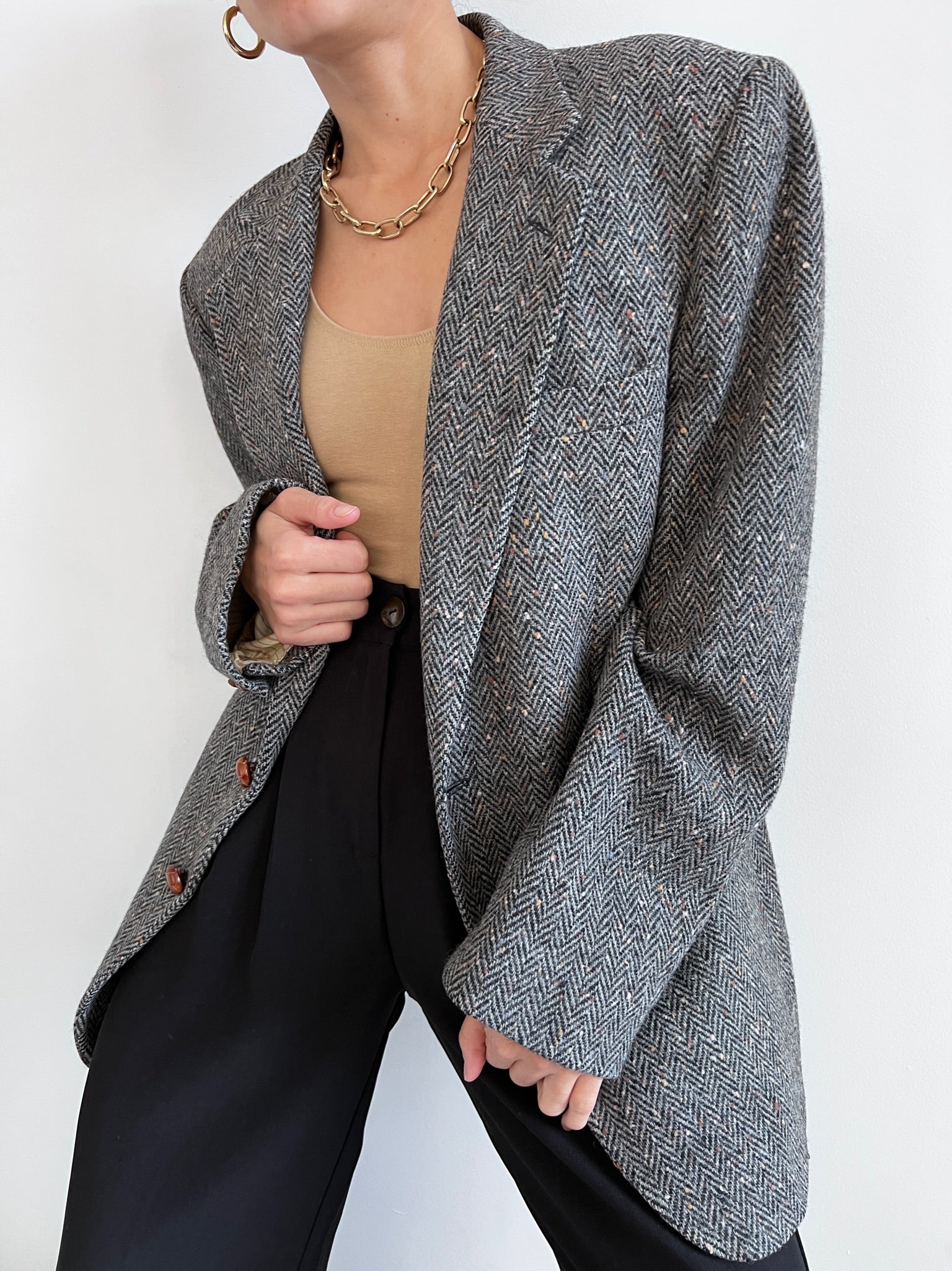 Vintage Herringbone Tweed Blazer - Smoke | Garmentory