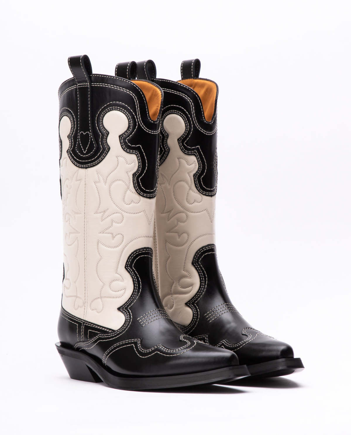 Ganni Mid Shaft Embroidered Western Boots - Black/Egret | Garmentory