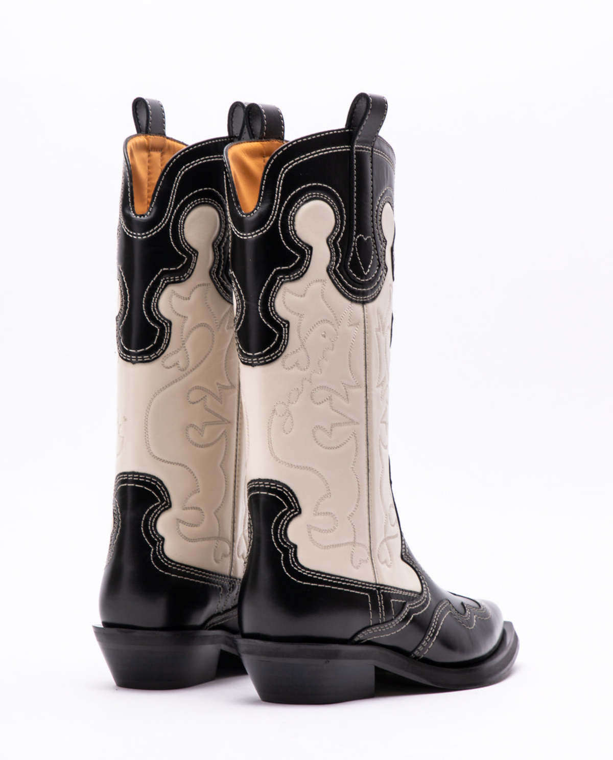 Ganni Mid Shaft Embroidered Western Boots - Black/Egret | Garmentory