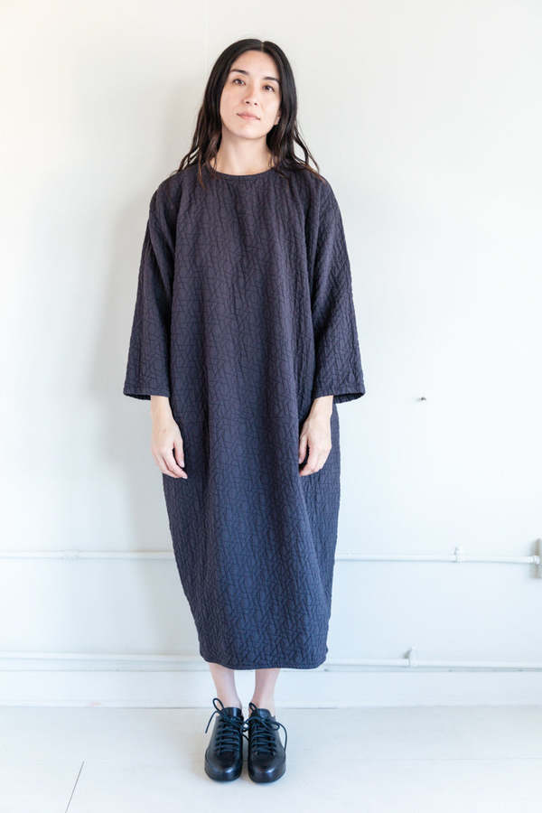 Black Crane Quilted Cotton Long Bud Dress - Sumi Black | Garmentory