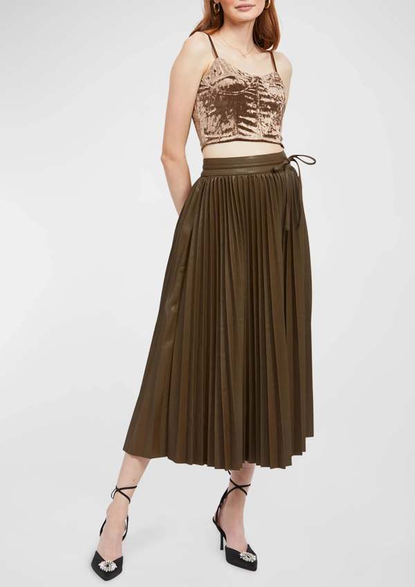 En Saison Maribel Pleated Drawstring Midi Skirt - Olive | Garmentory