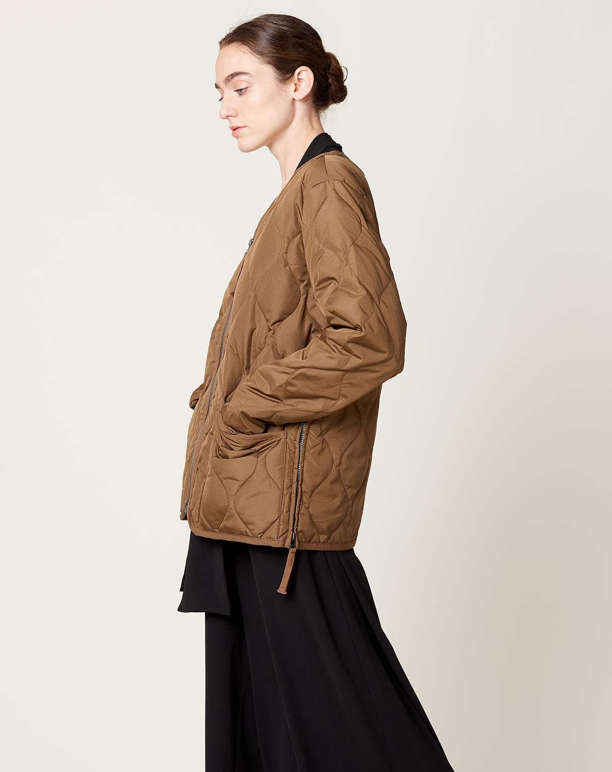 TAION Military Zip V Neck Down Jacket - Light Brown | Garmentory