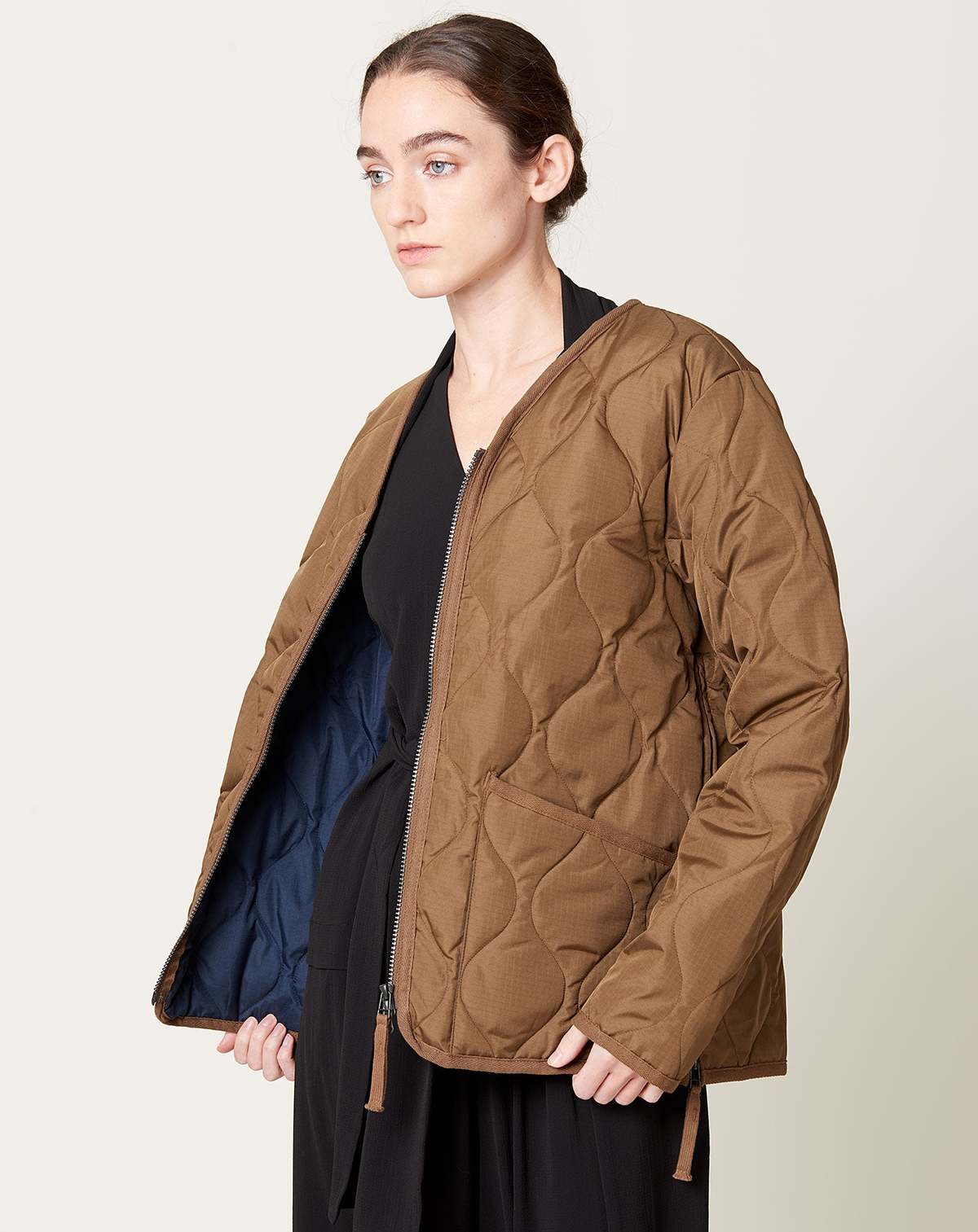 TAION Military Zip V Neck Down Jacket - Light Brown | Garmentory