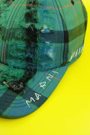 Marni Destroyed Wool Tartan Baseball Hat - Green | Garmentory