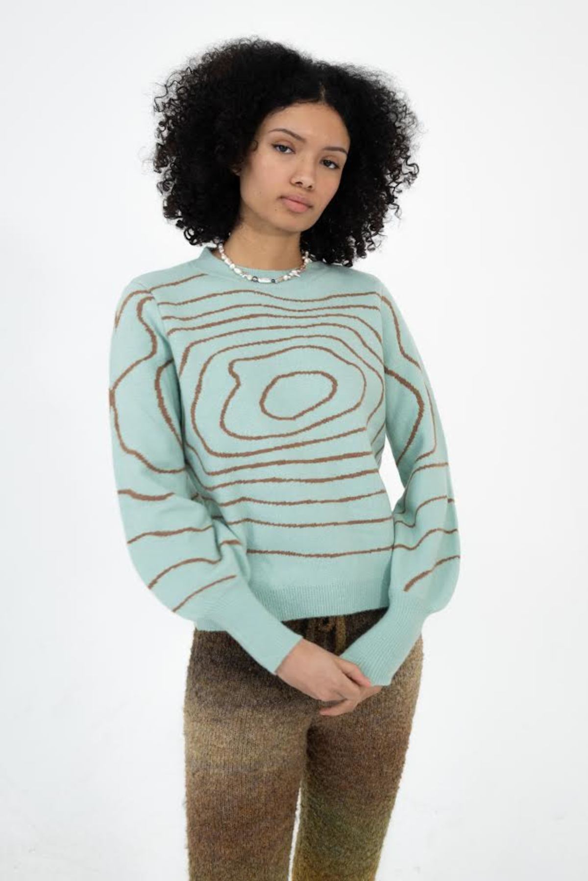 Find Me Now Transverse Wave Knit Jacquard Sweater - Sky Green Multi ...
