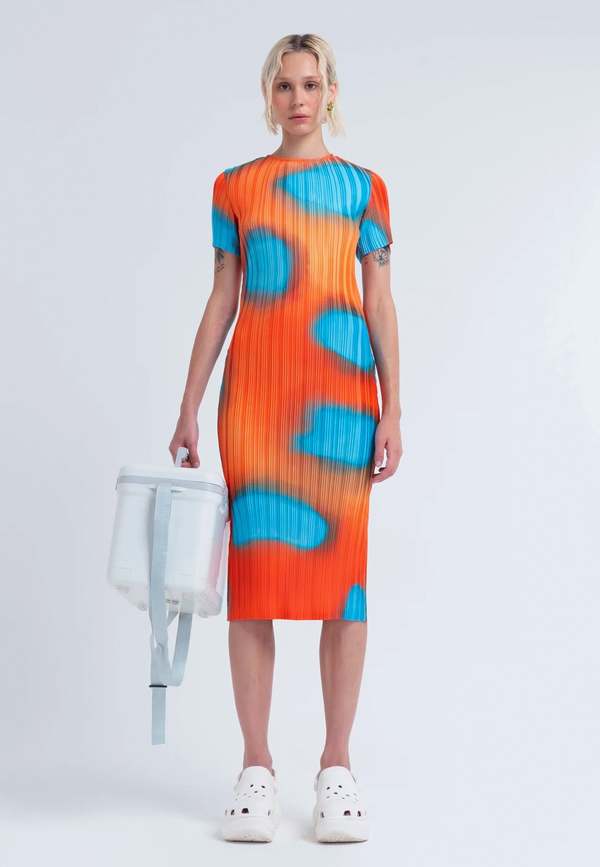 Arthur Box Pleat Quarter Sleeve Dress - Coral Spot | Garmentory