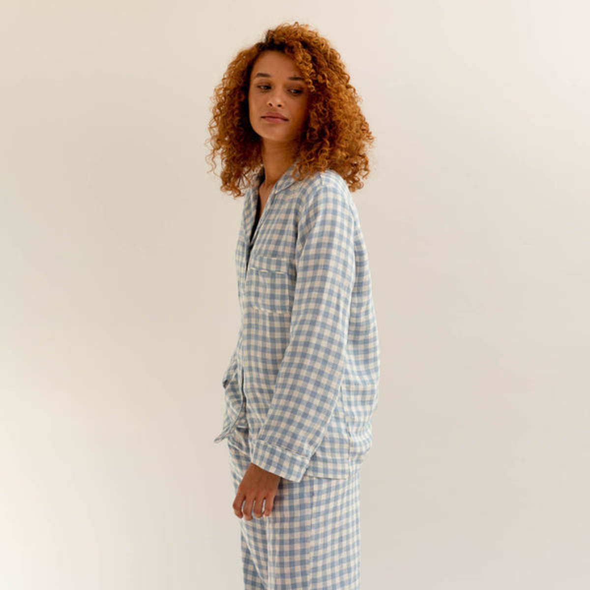 Piglet Linen Pajama Pants Set - Warm Blue Gingham | Garmentory