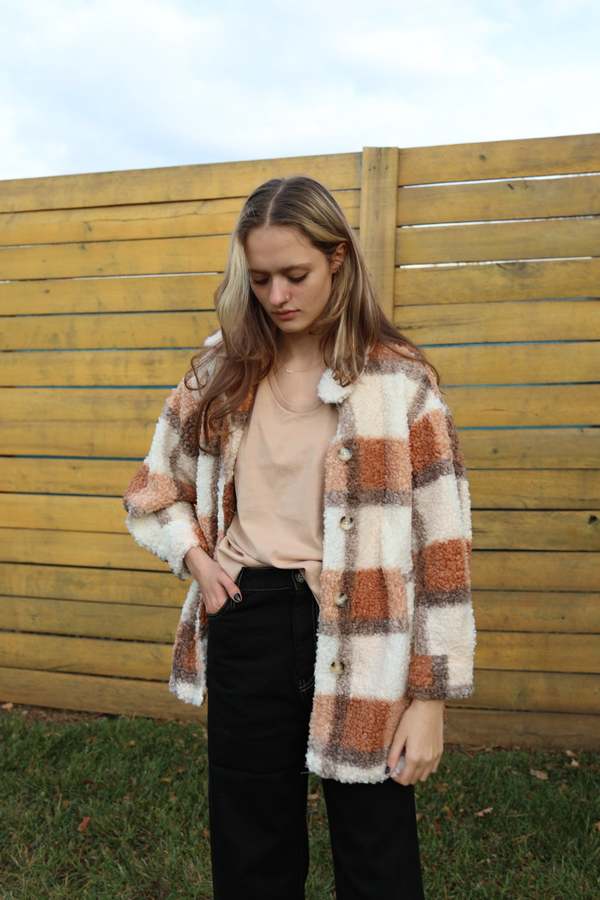 Azalea Plaid Sherpa Jacket - Cream/Brown Plaid | Garmentory