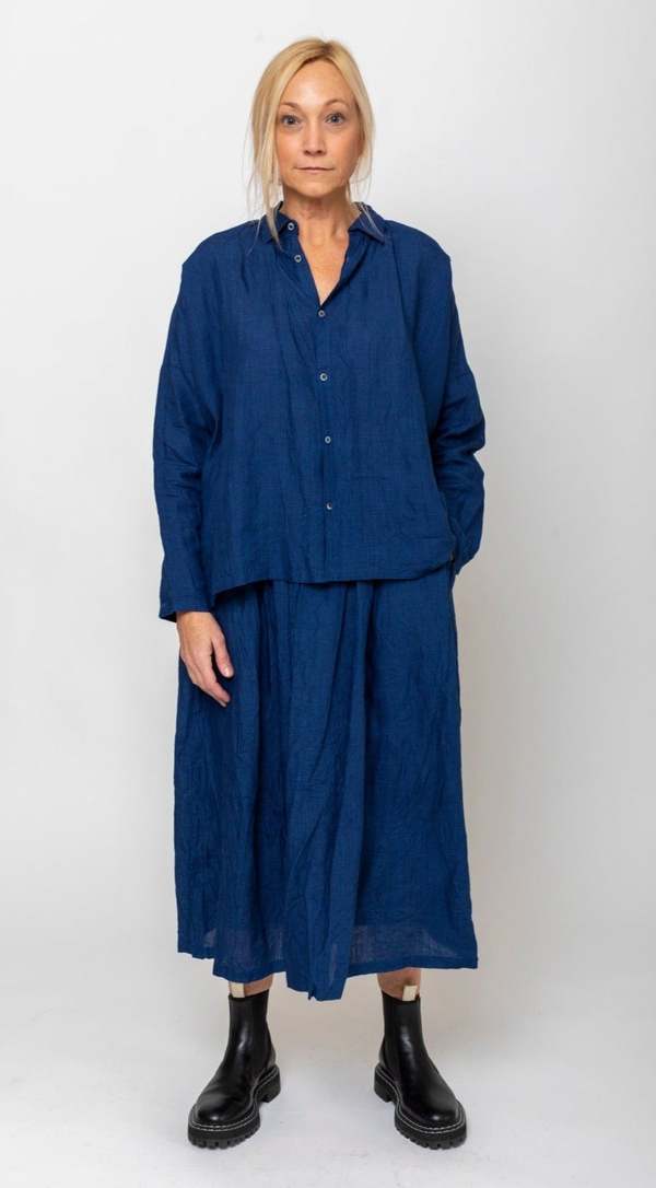 ICHI ANTIQUITES Linen Indigo Gingham Skirt - Indigo and Blue | Garmentory