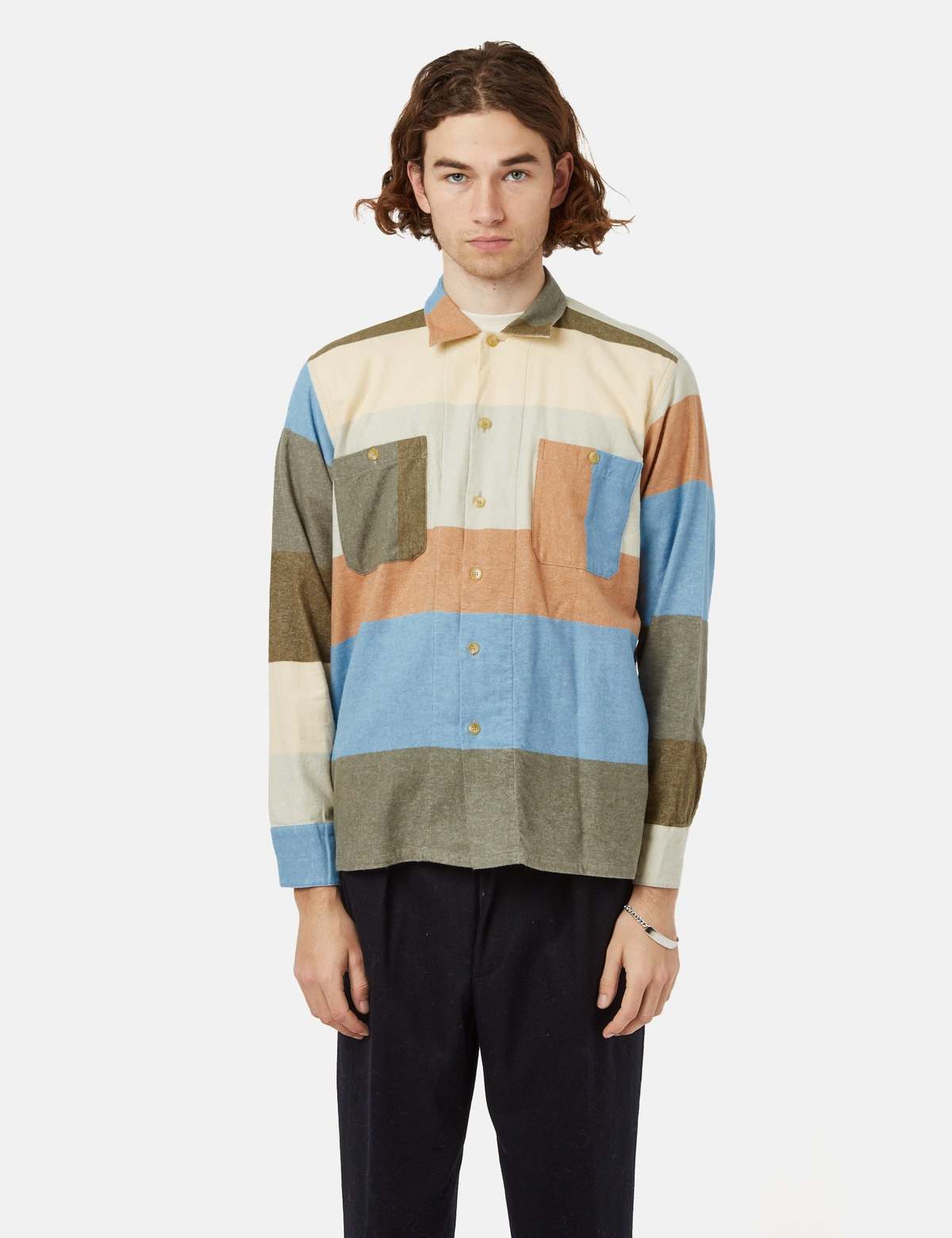 Beams Plus MIL Open Flannel Shirt - Multi Stripe Olive Green | Garmentory