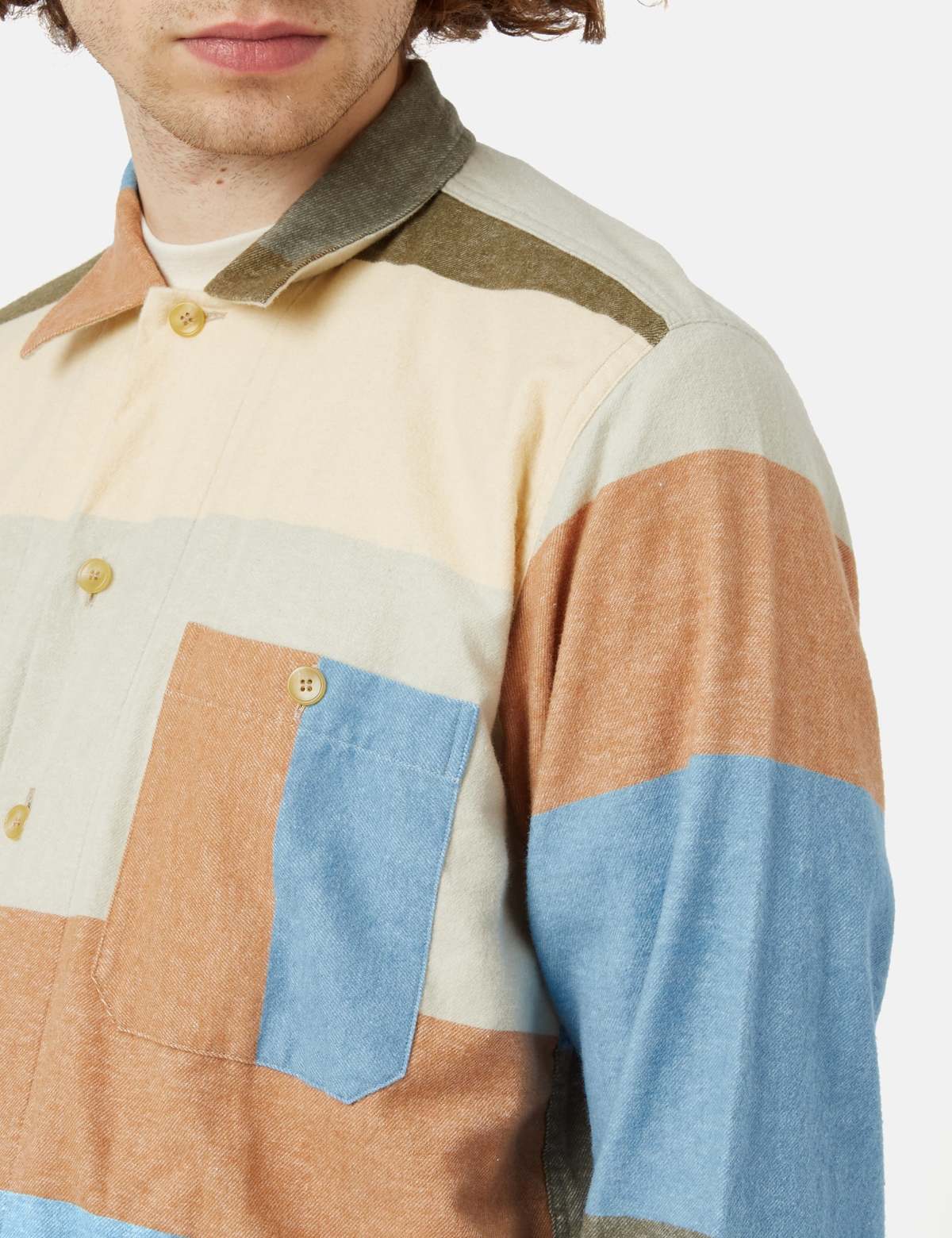 Beams Plus MIL Open Flannel Shirt - Multi Stripe Olive Green | Garmentory