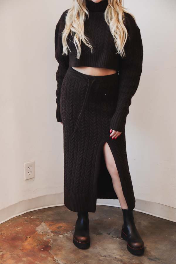 DRAE Cable Knit Skirt w/ Slit - Dark Brown | Garmentory