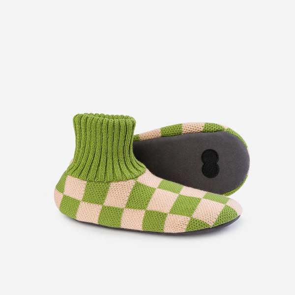 Verloop Checkerboard Knit Sock Slippers - Green/Cream | Garmentory