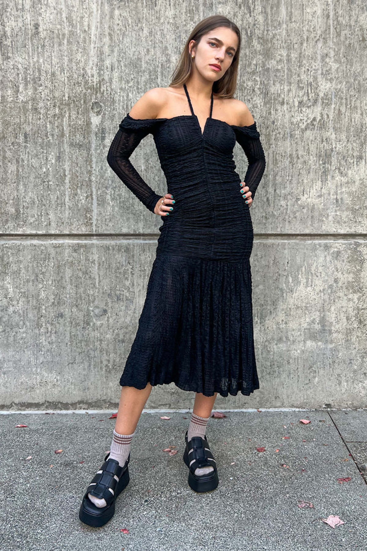 Ganni Stretch Lace Gathering Midi Dress | Garmentory