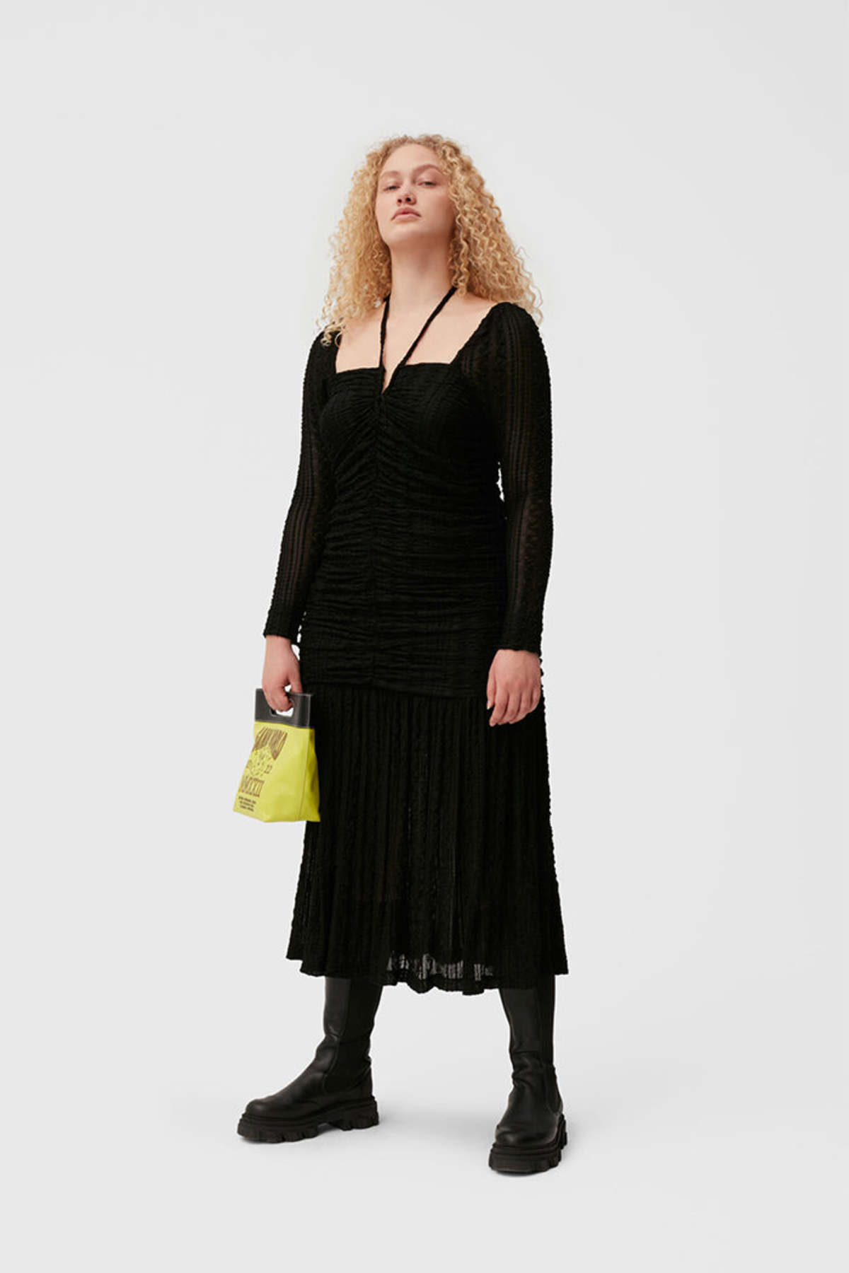 Ganni Stretch Lace Gathering Midi Dress | Garmentory