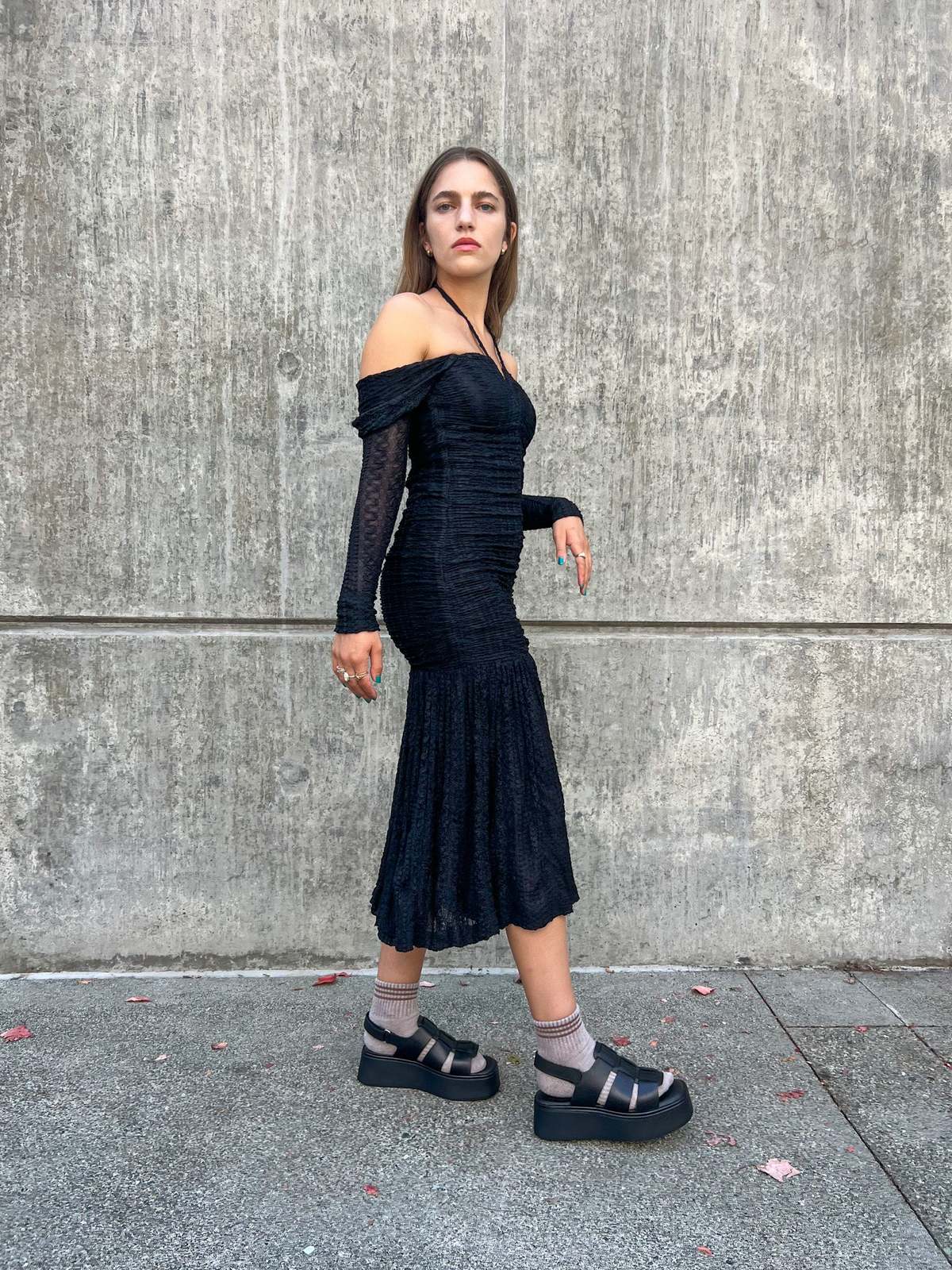 Ganni Stretch Lace Gathering Midi Dress | Garmentory