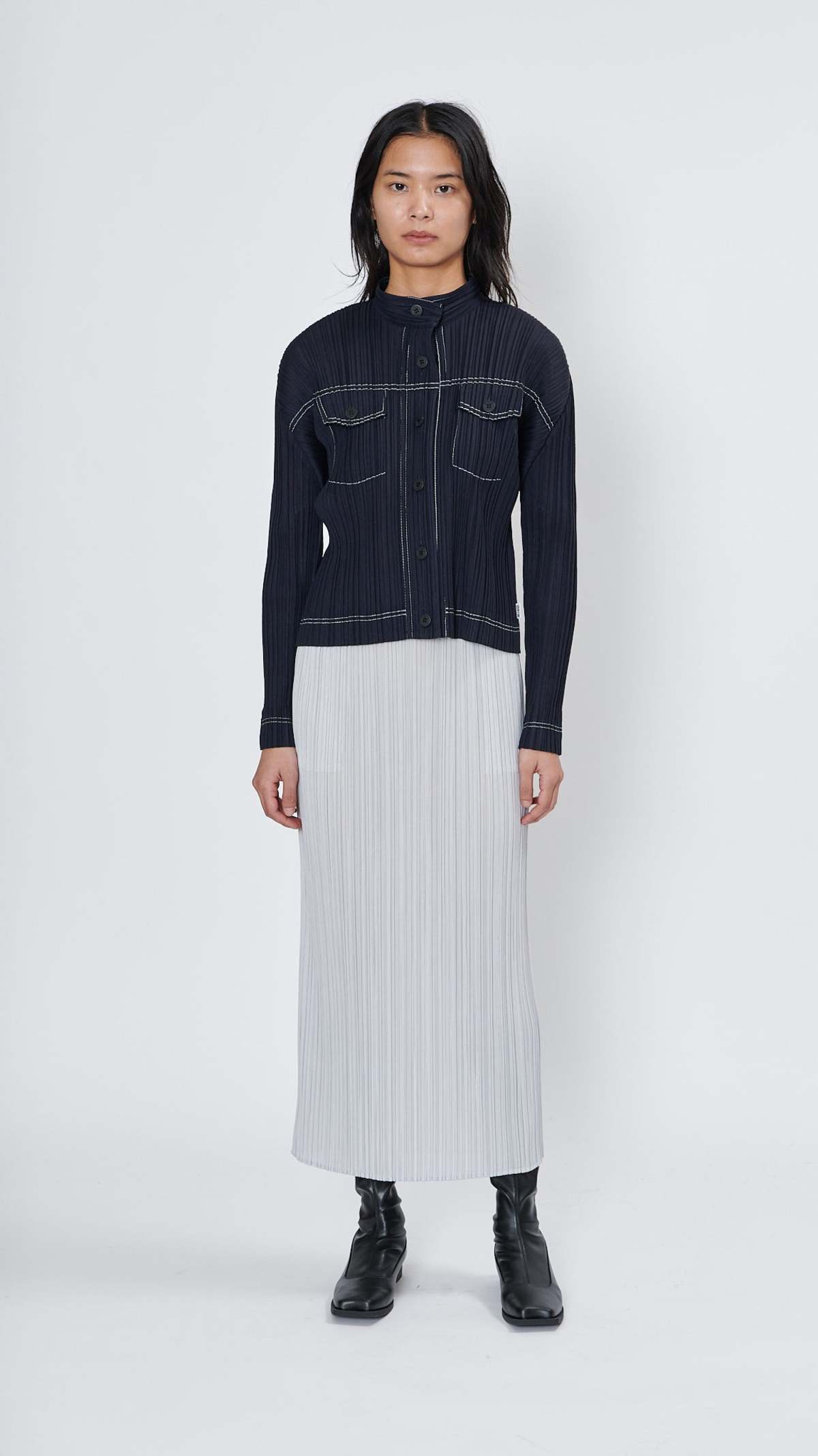 Pleats Please by Issey Miyake Ramie Denim Jacket - Black | Garmentory