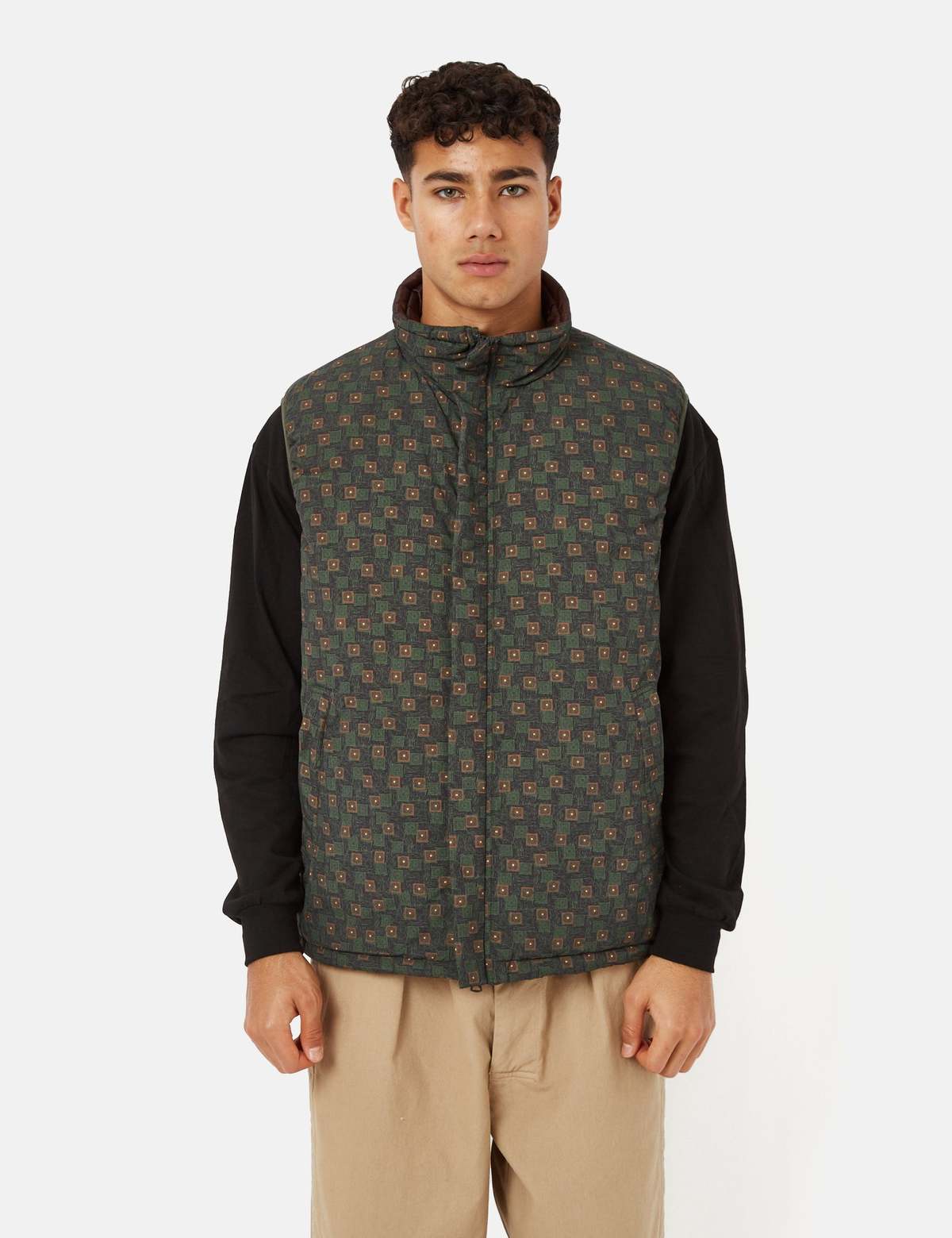 Beams Plus Nylon Print MIL Puff Vest - Olive Green | Garmentory