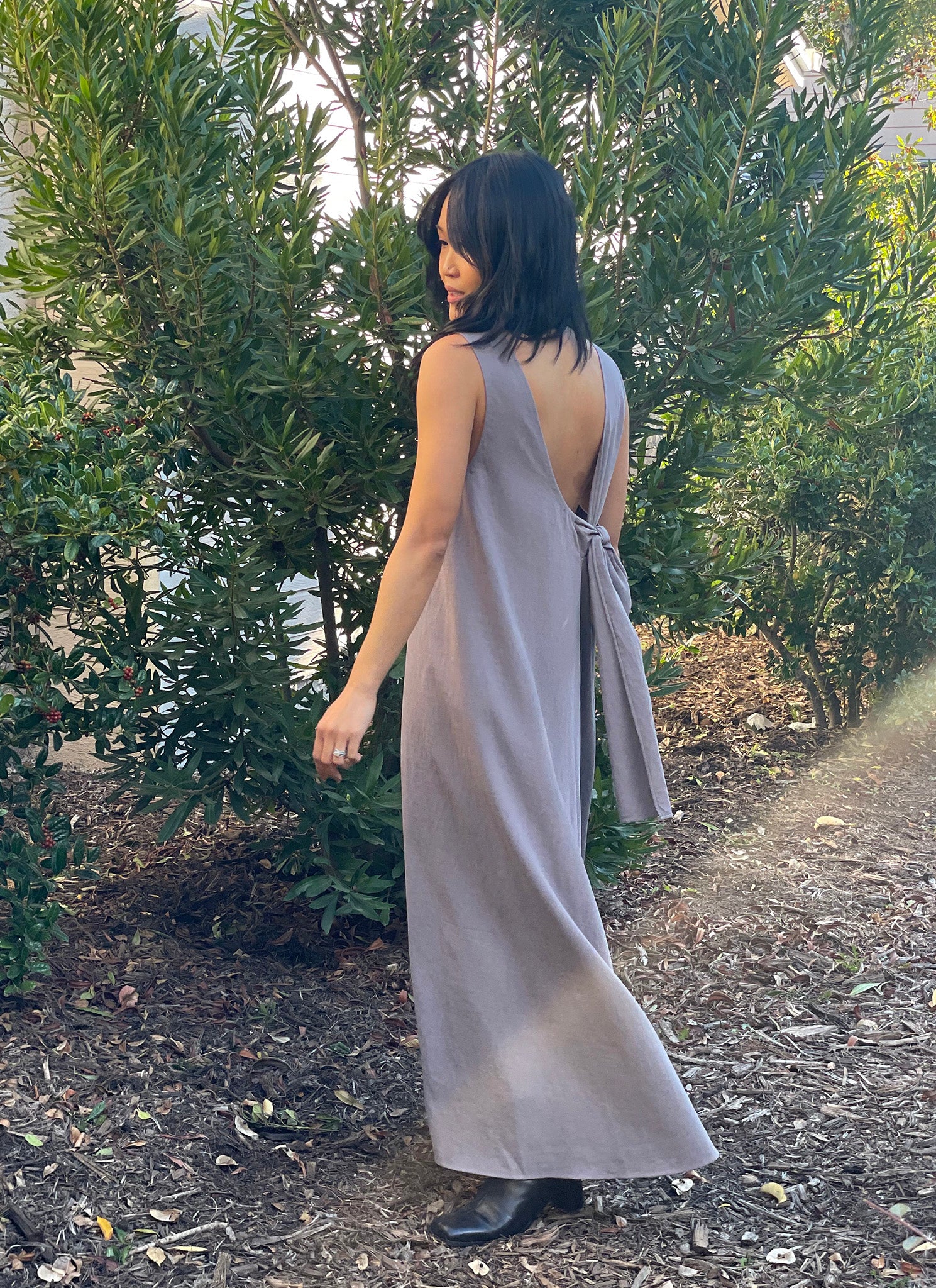 KAAREM Ovule Layered Back Knot Tie Dress - Taro | Garmentory