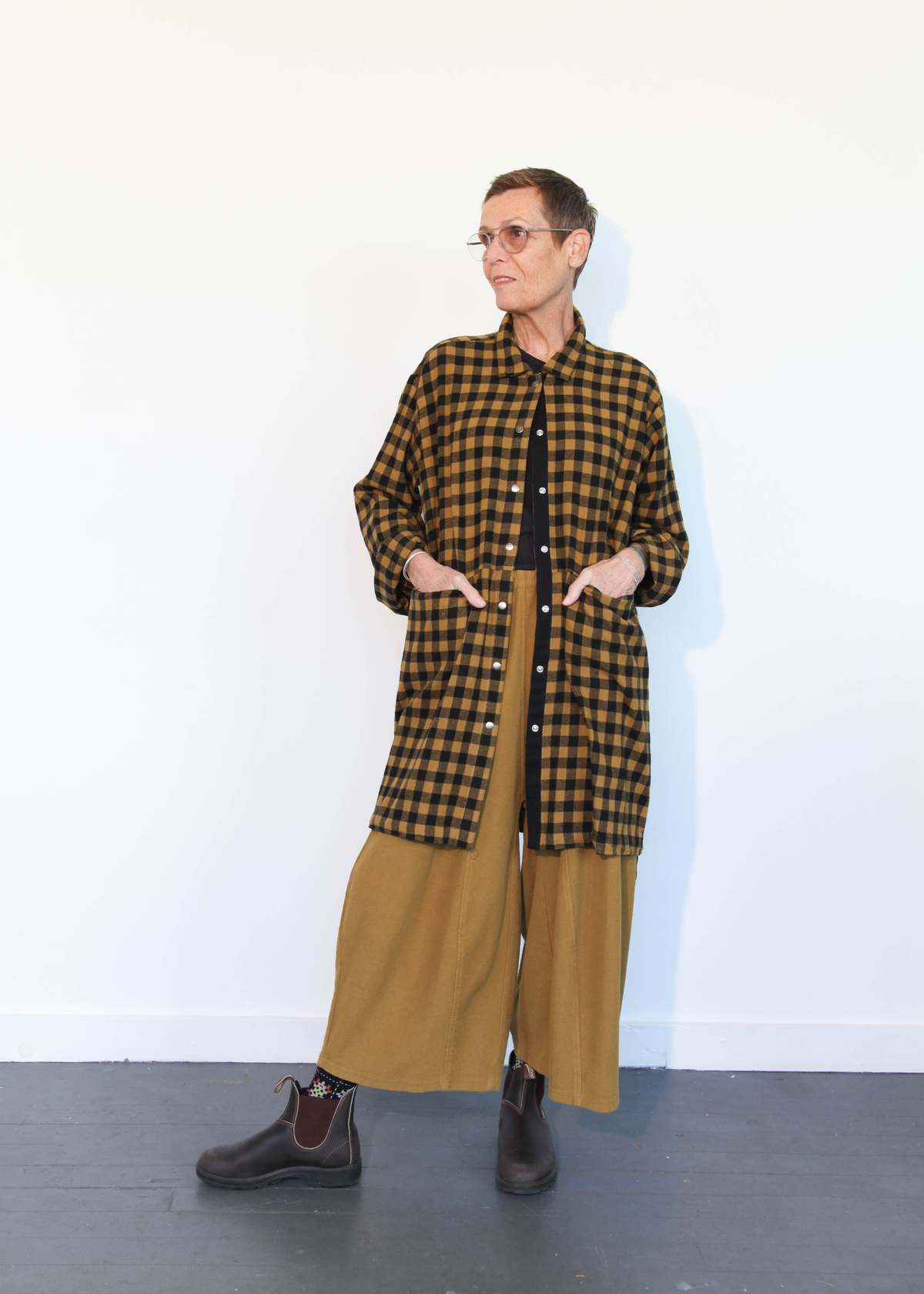 Eleven Stitch Front Pocket Duster - African Ochre Check | Garmentory