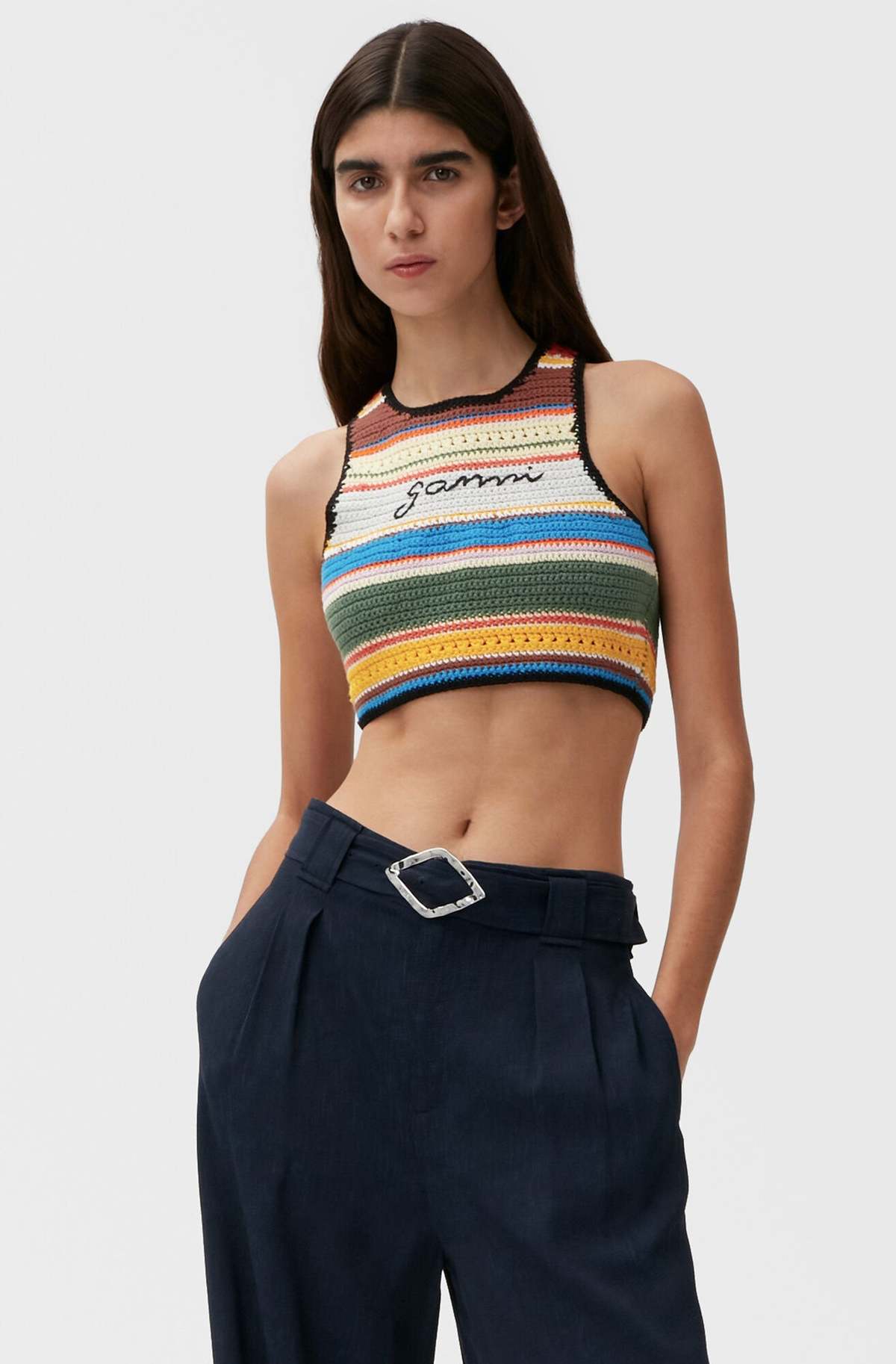 Ganni Crochet High Neck Bikini Top - Beach Stripe Multi | Garmentory