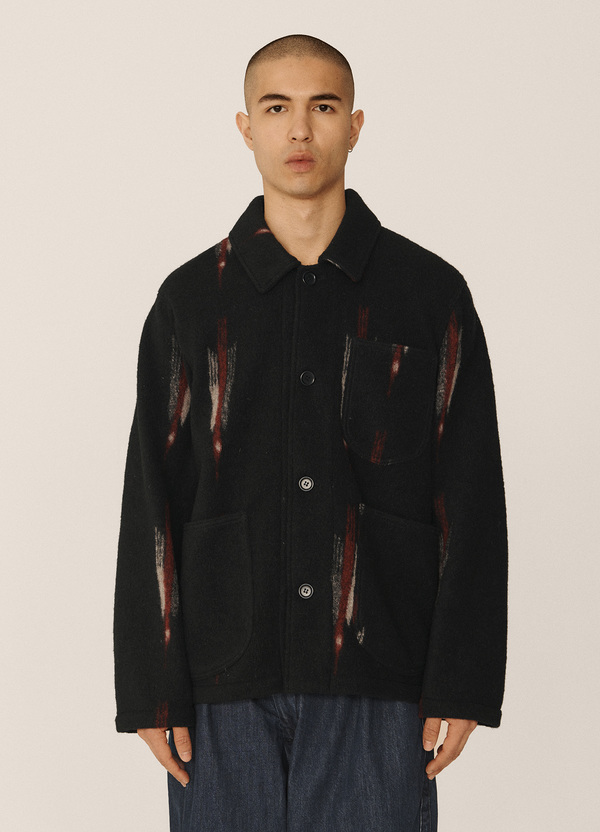 YMC Labour Wool Jacquard Bird Printed Chore Jacket - Black | Garmentory