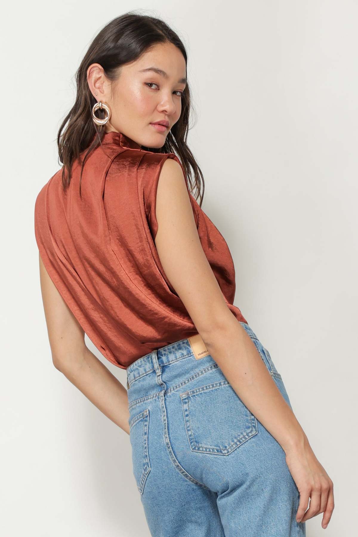 Line & Dot Dolly Satin Mock Neck Blouse - Bronze | Garmentory