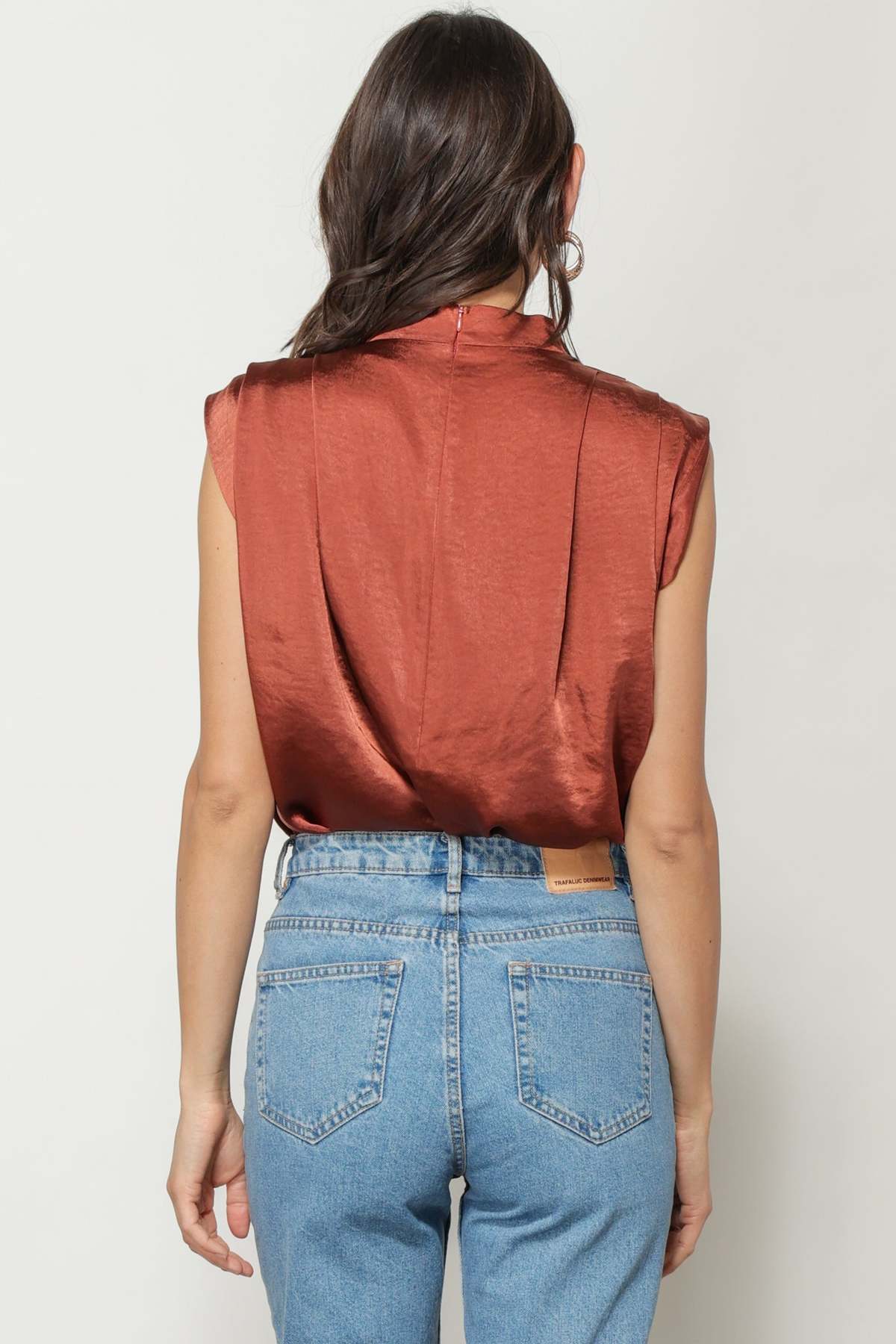 Line & Dot Dolly Satin Mock Neck Blouse - Bronze | Garmentory