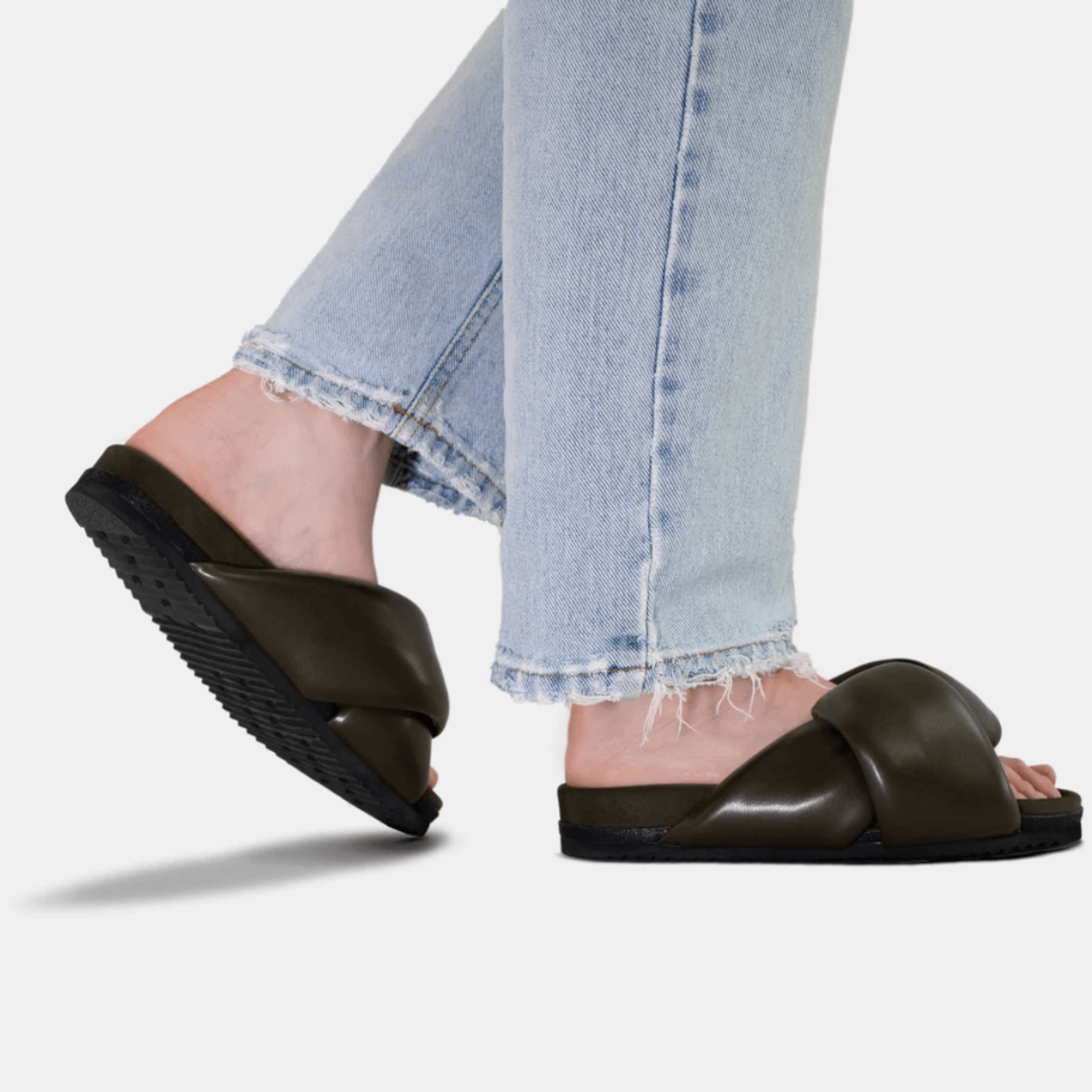 Roam Foldy Vegan Leather Puffy Sandals - Khaki | Garmentory